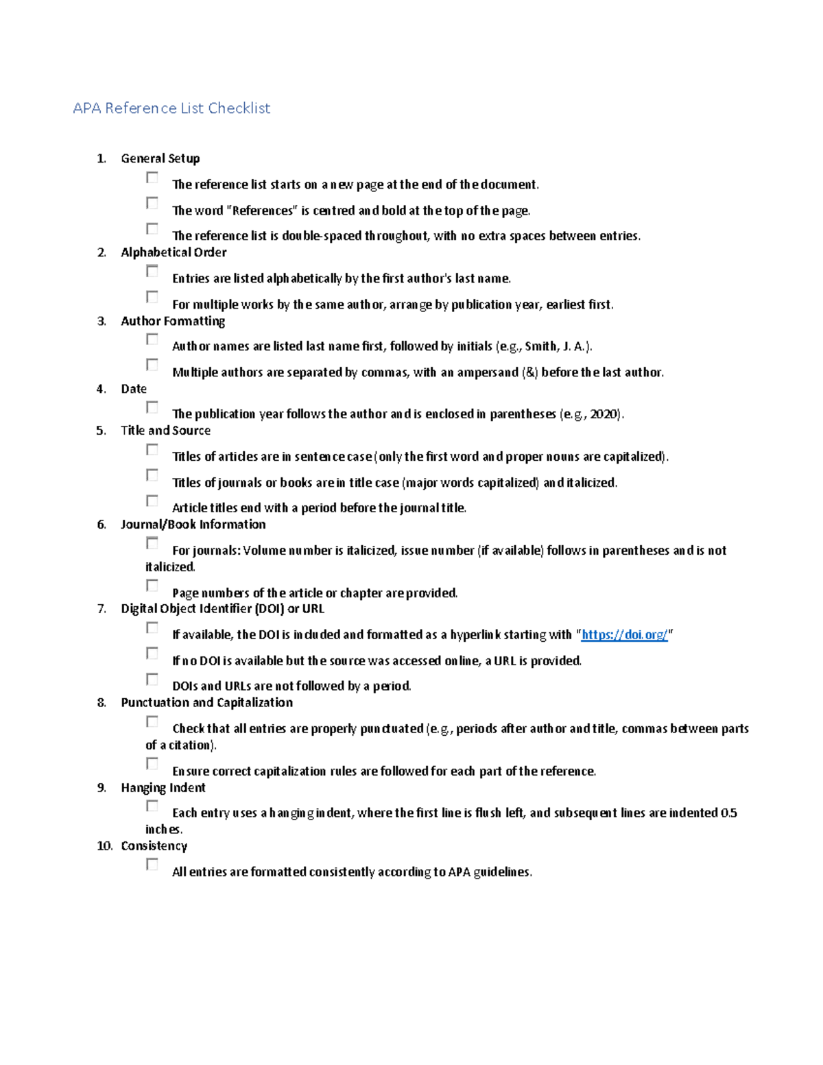 APA Reference List Checklist - APA Reference List Checklist General ...
