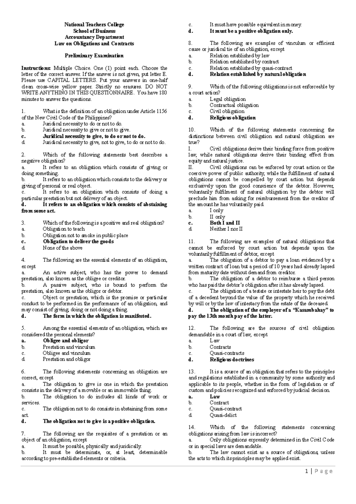 NTC Prelim Exam in Obligations and Contracts (Oblicon) 1st Sem 2024-25 ...