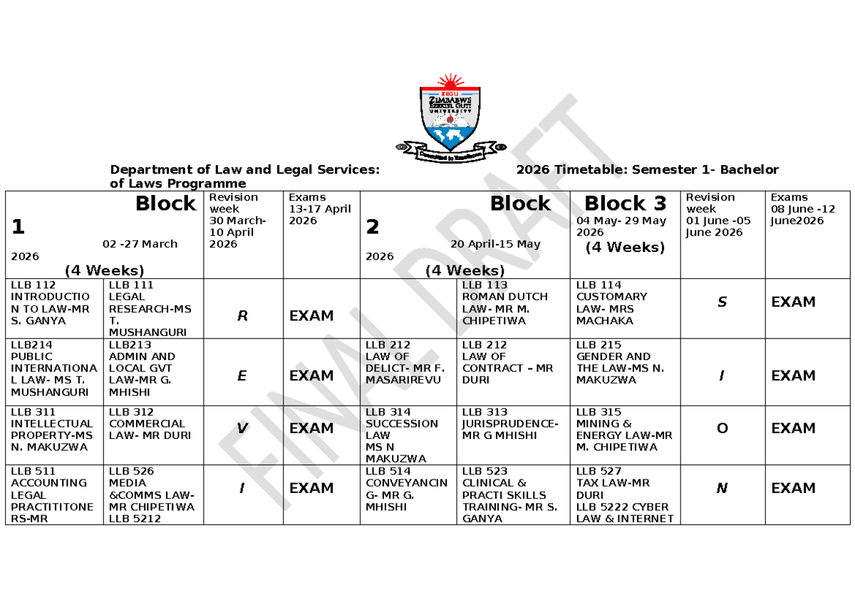 Final Draft Timetable 2026: LLB Courses & Exam Schedule - Studocu