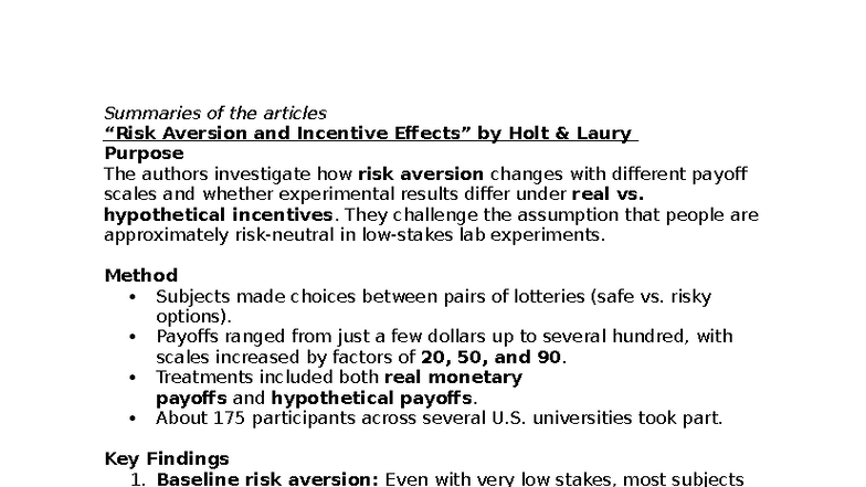 Summaries of Articles on Risk Aversion and Behavioral Economics ...