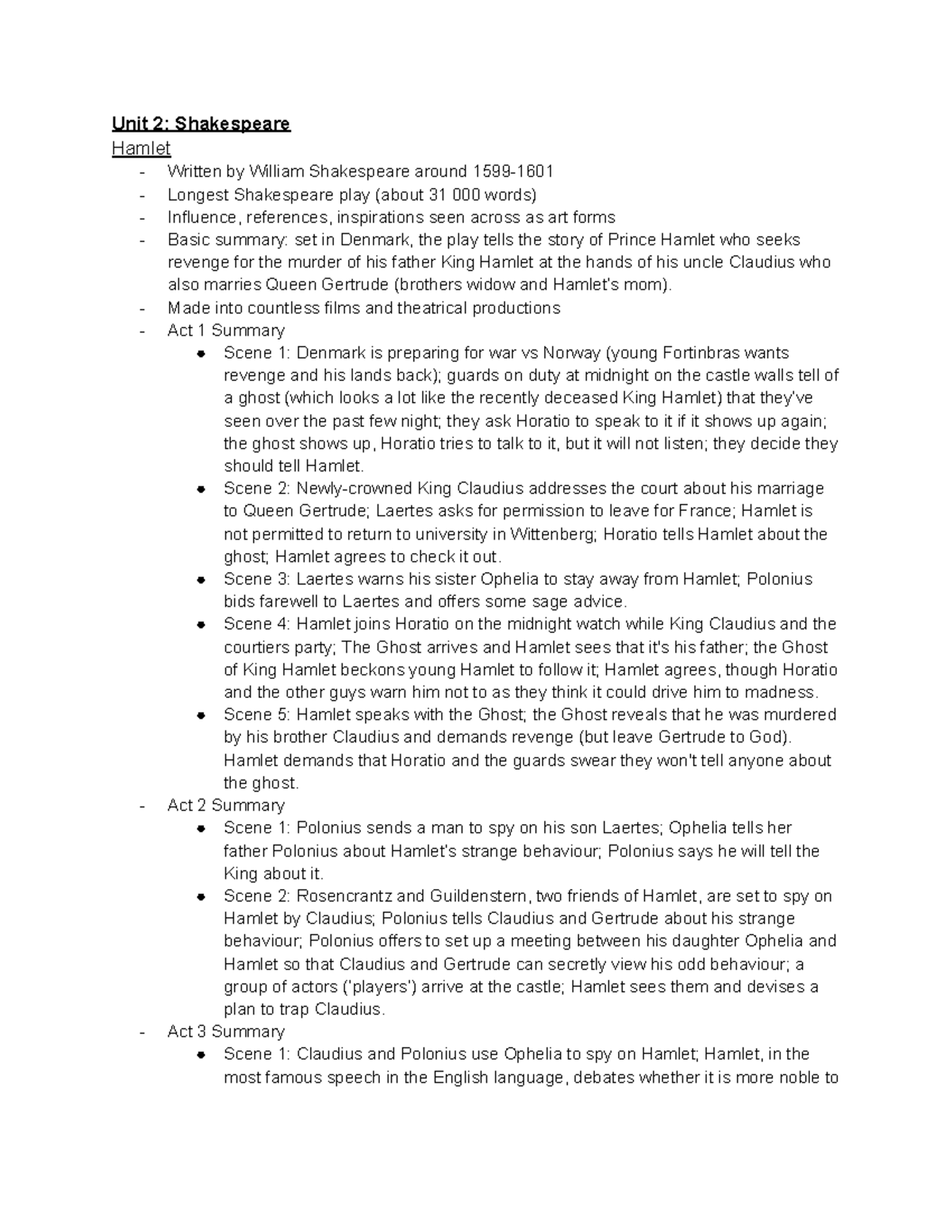 Hamlet Notes - n/a - Unit 2: Shakespeare Hamlet Written by William ...