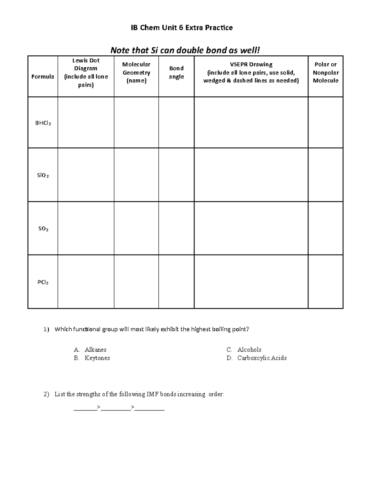 Extra practice Unit 6 Test - IB Chem Unit 6 Extra Practice Note that Si ...