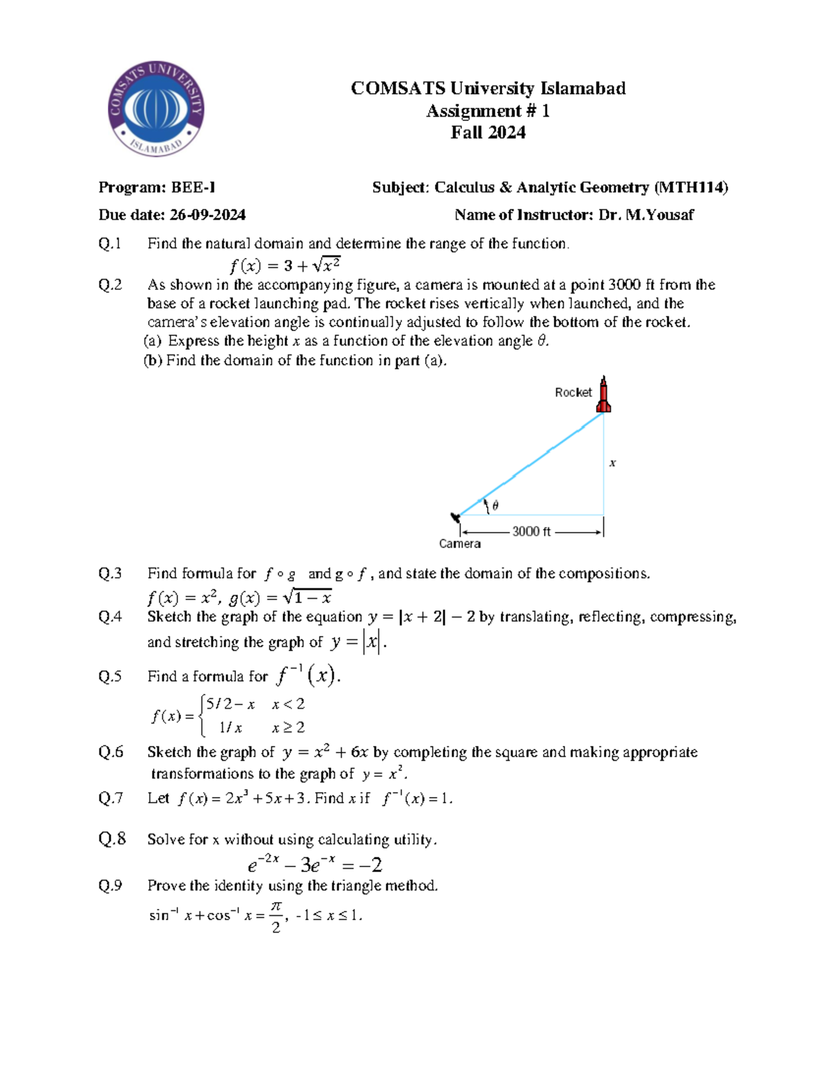 Assignment 1 BEE FA24 - Calculus & Analytic Geometry Problems - Studocu