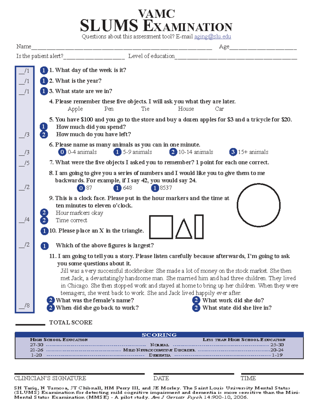 VAMC SLUMS Examination Questions & Scoring Guide for Geriatrics - Studocu