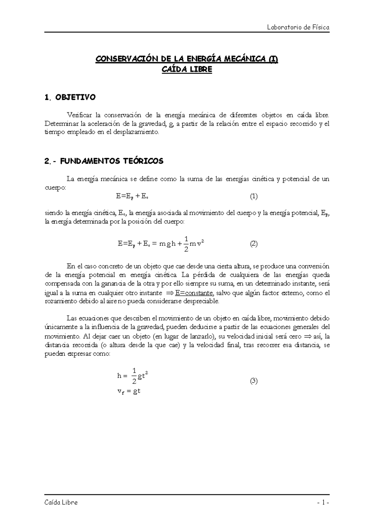 Laboratorio de Física: Conservación de la Energía Mecánica en Caída Libre - Studocu