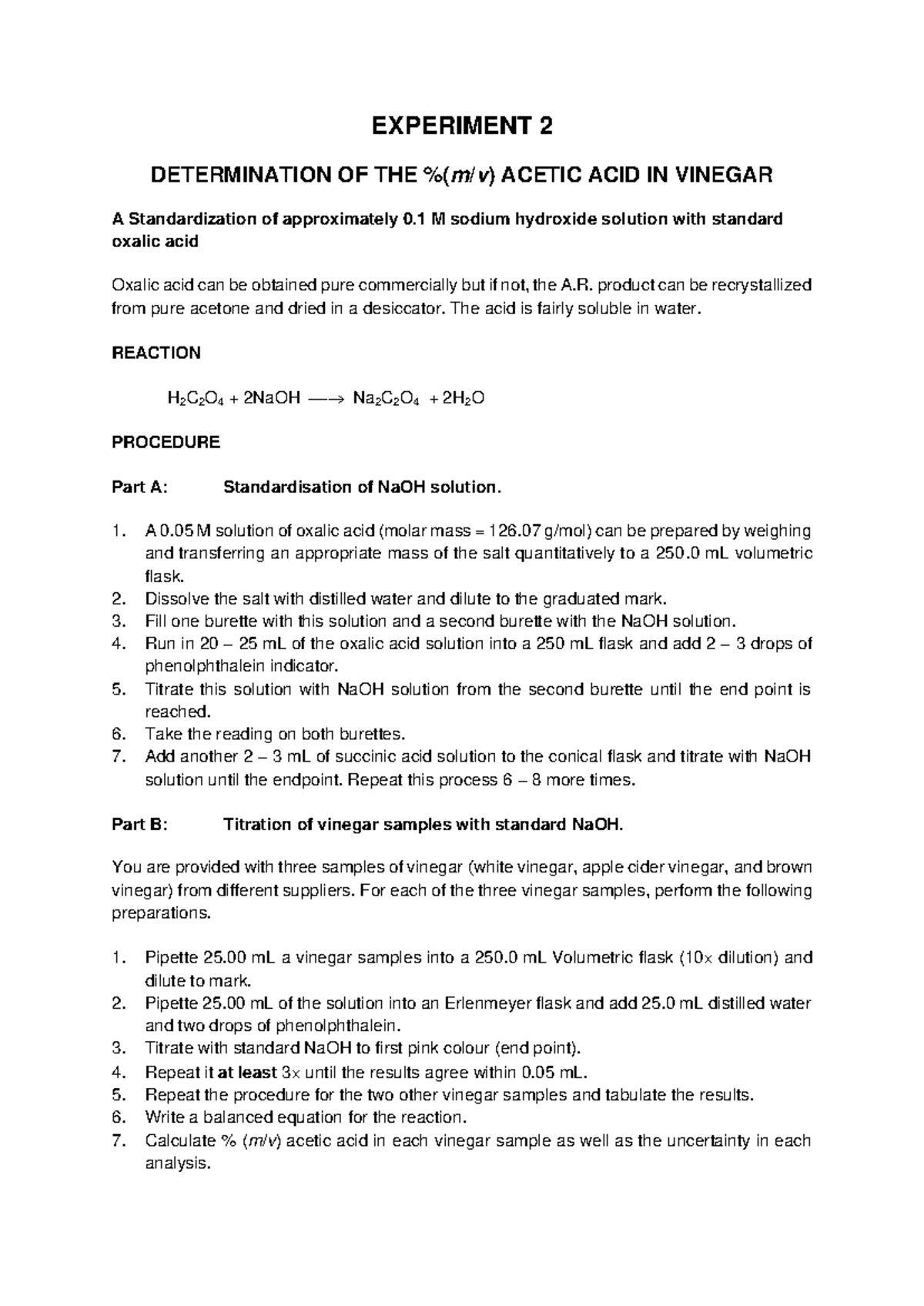 Experiment 2 - Determination of % (m/v) Acetic Acid in Vinegar - Studocu