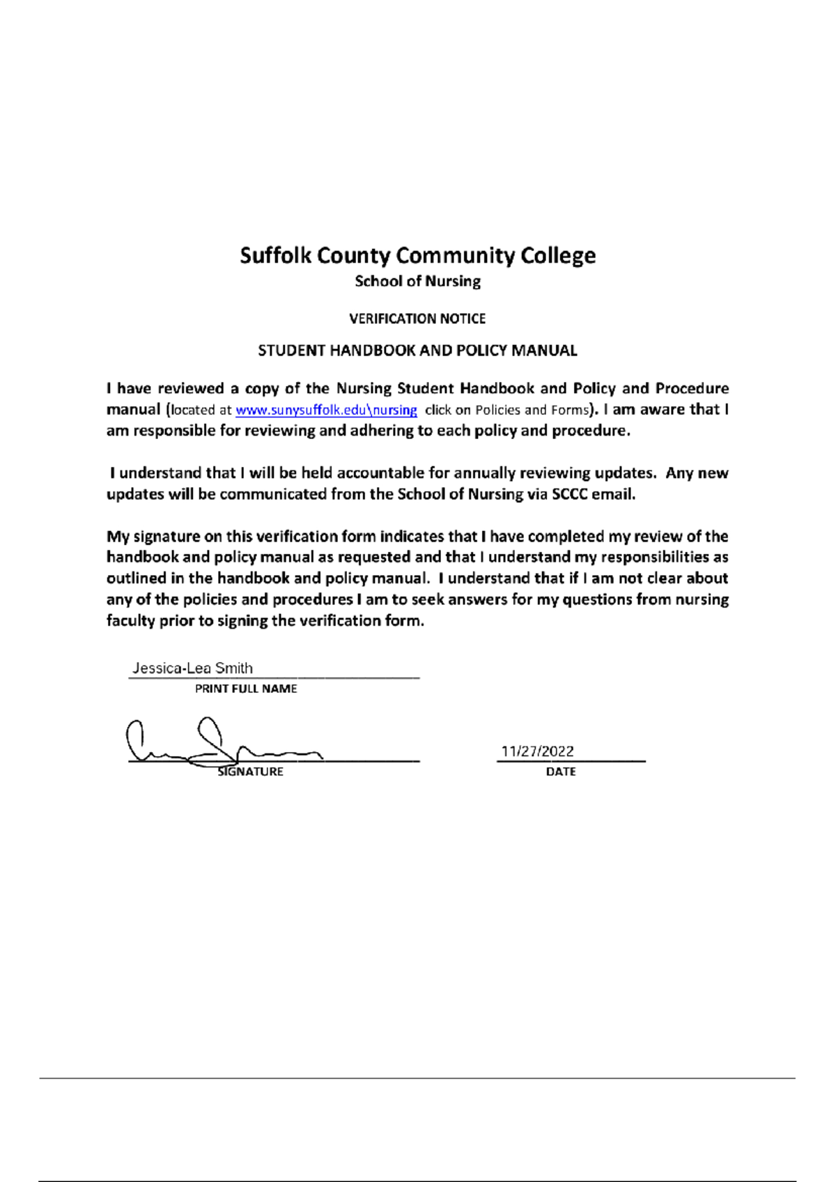 SCCC Nursing Student Handbook & Policy Verification Notice - Studocu