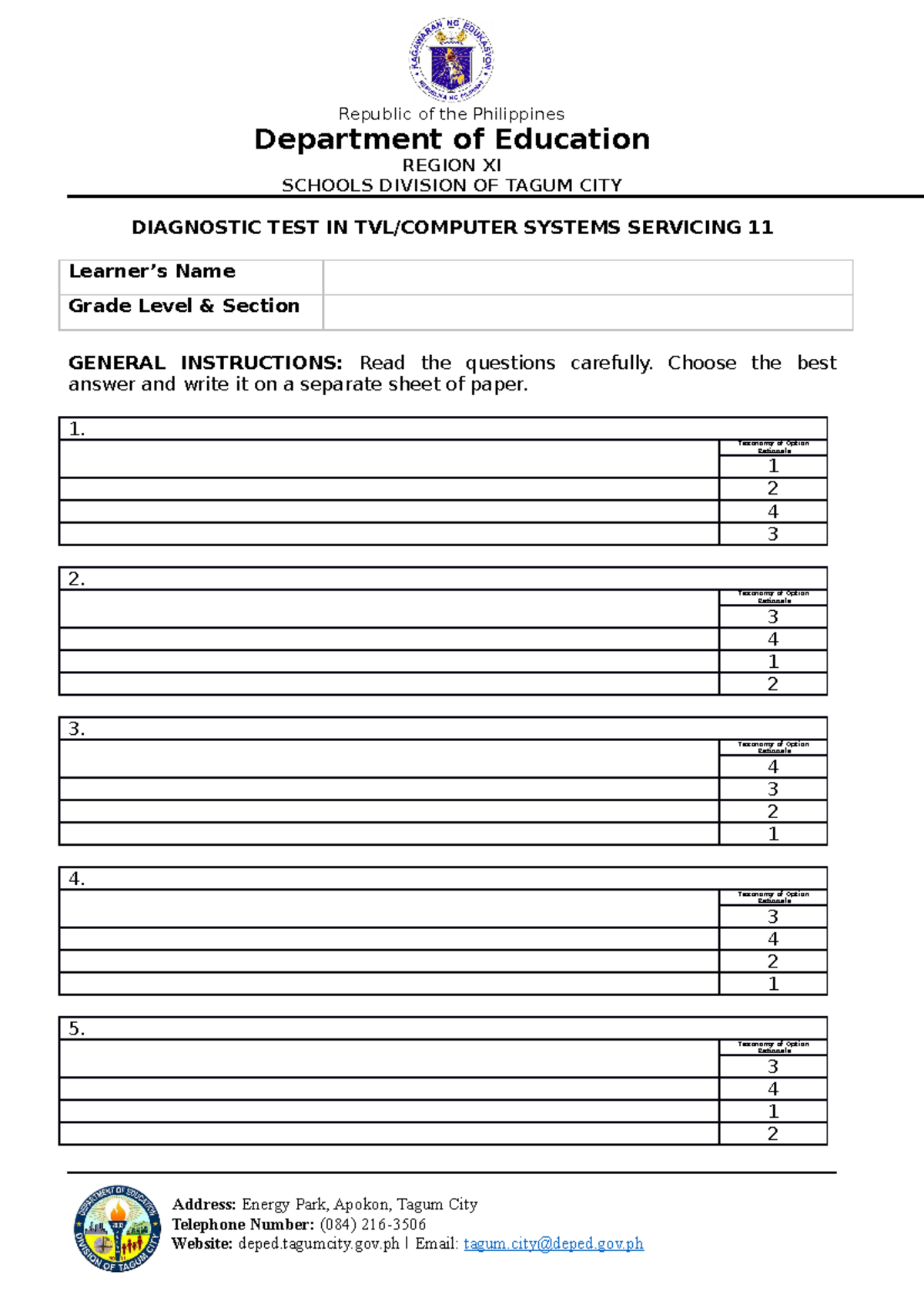Test Template-CSS Grade 11 Updated - Department of Education REGION XI ...
