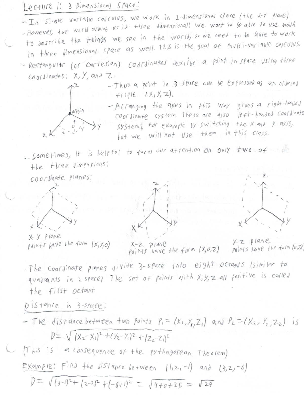MATH 200 Lecture Notes: Understanding 3D Space and Vector Operations ...