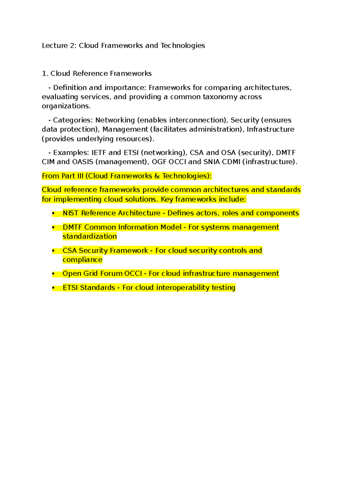 Tcc summarize - Lecture 2: Cloud Frameworks and Technologies 1. Cloud ...