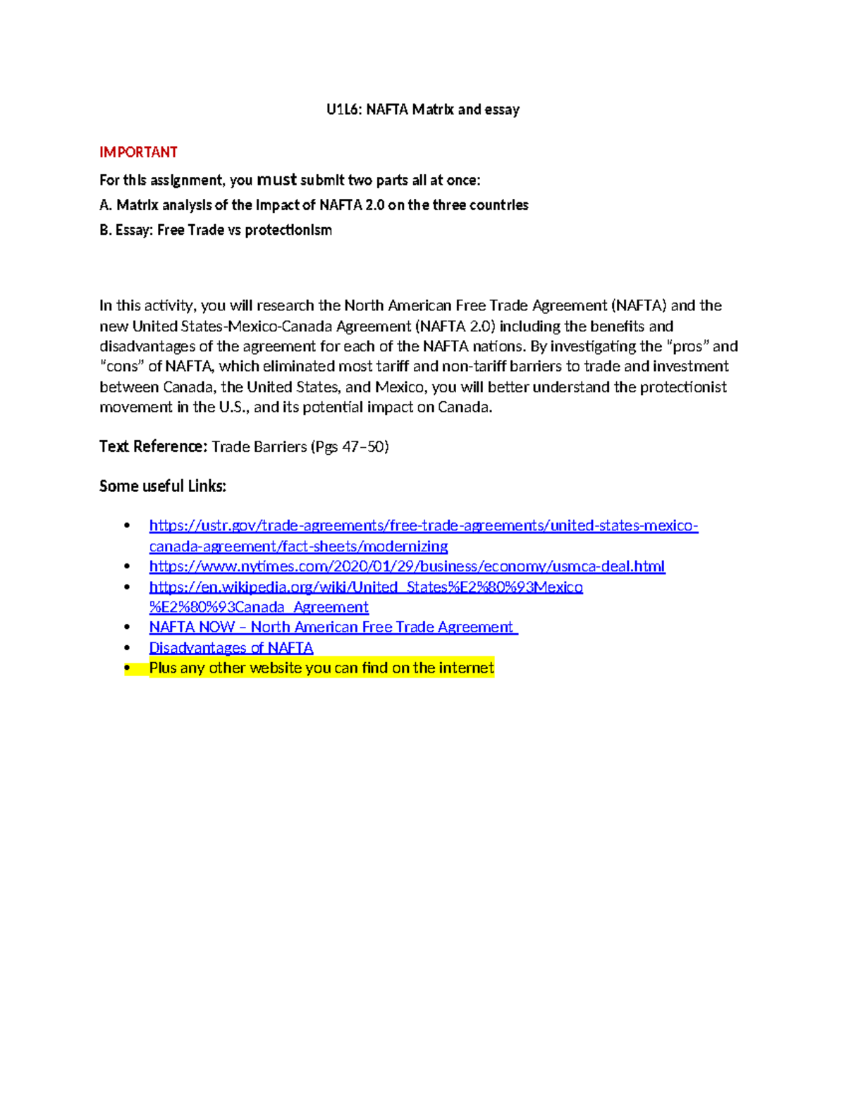 U1L6 NAFTA Matrix Analysis & Free Trade vs Protectionism Essay - Studocu