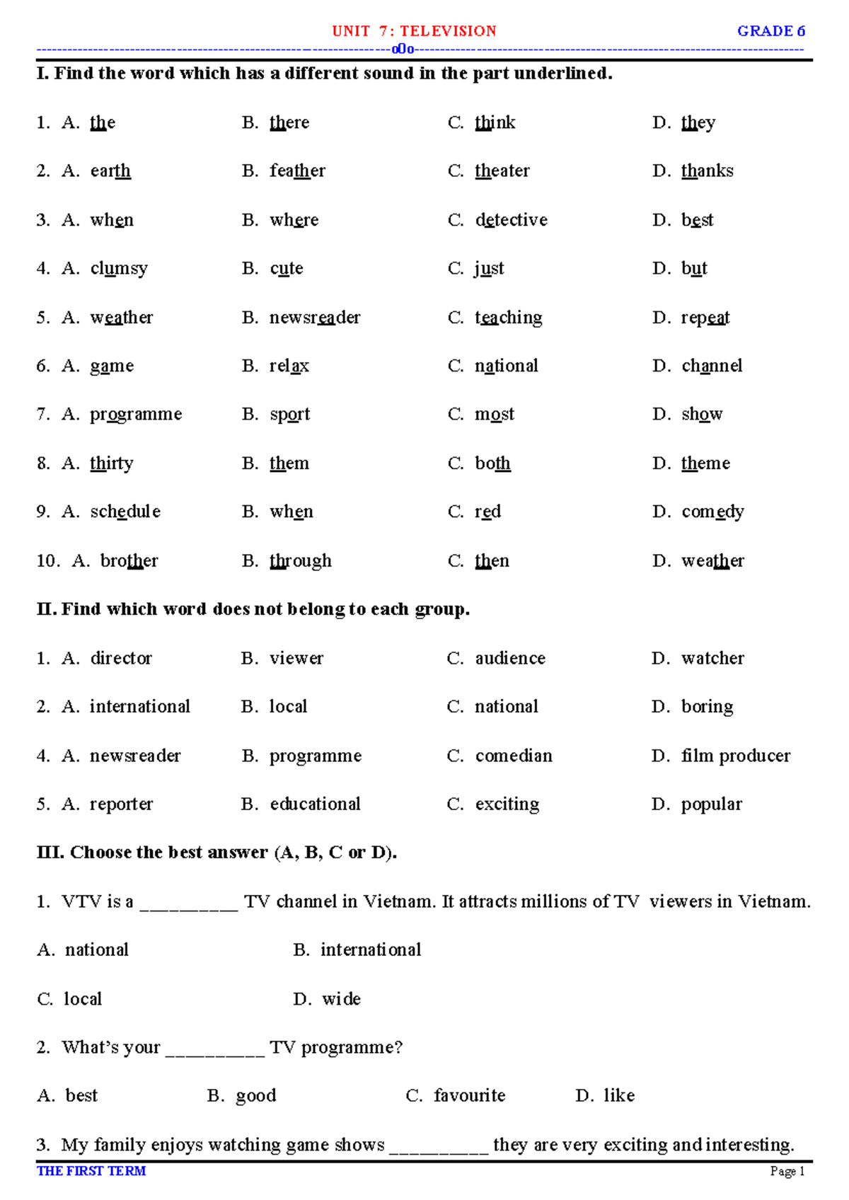 UNIT 7: TELEVISION - GRADE 6 EXERCISES AND ANSWERS - Studocu