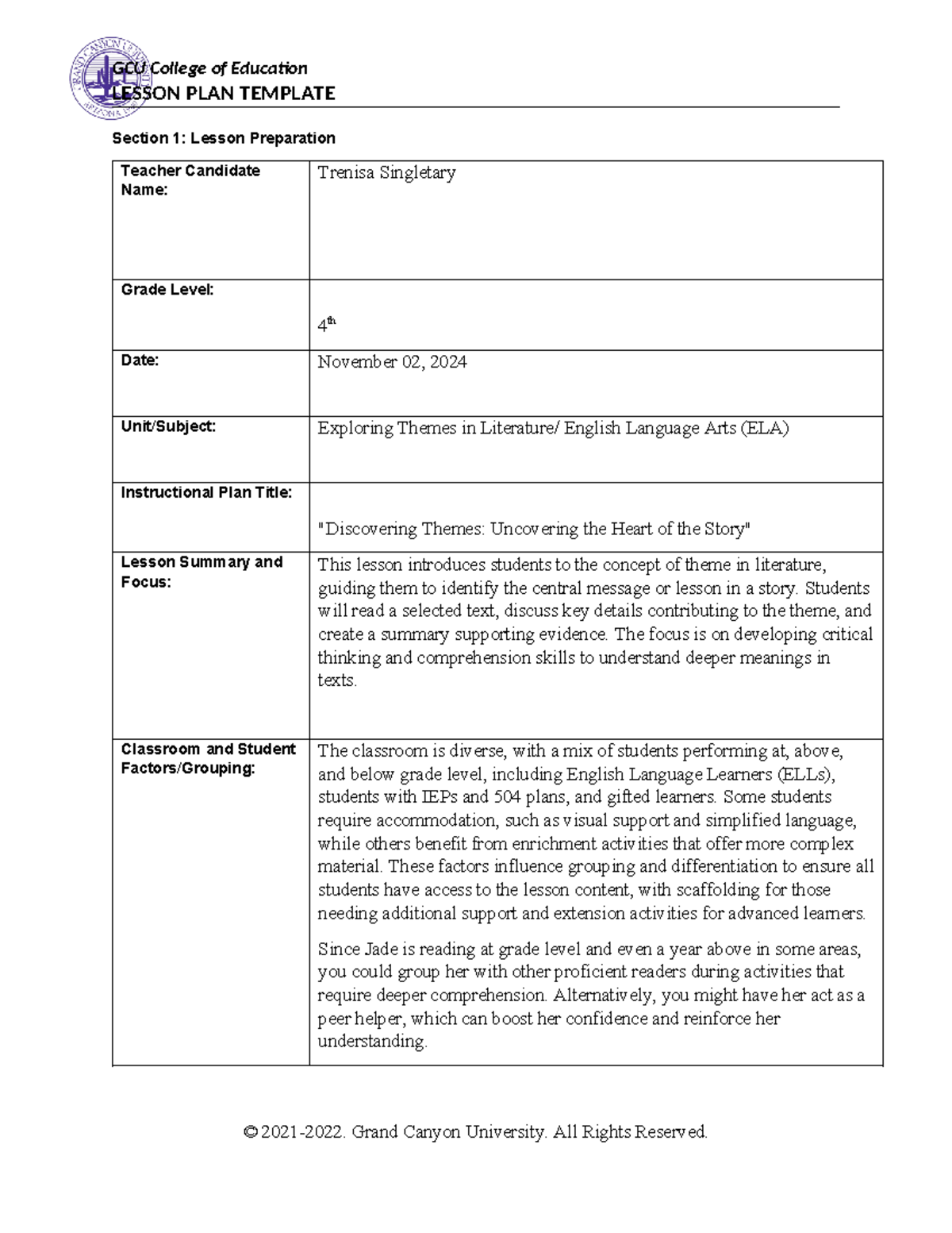 COE 4th Grade ELA Lesson Plan: Discovering Themes in Literature - Studocu