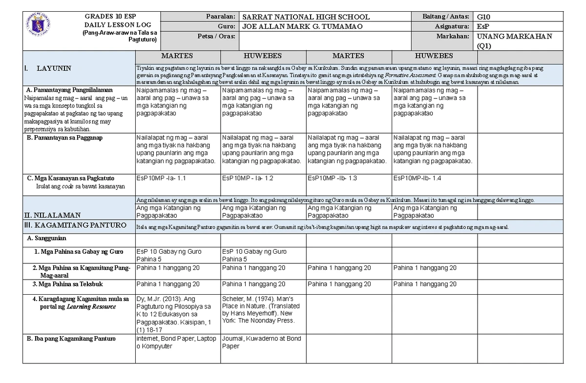 ESP 10 Q1 W7 Daily Lesson Log on Dignity and Respect - Studocu