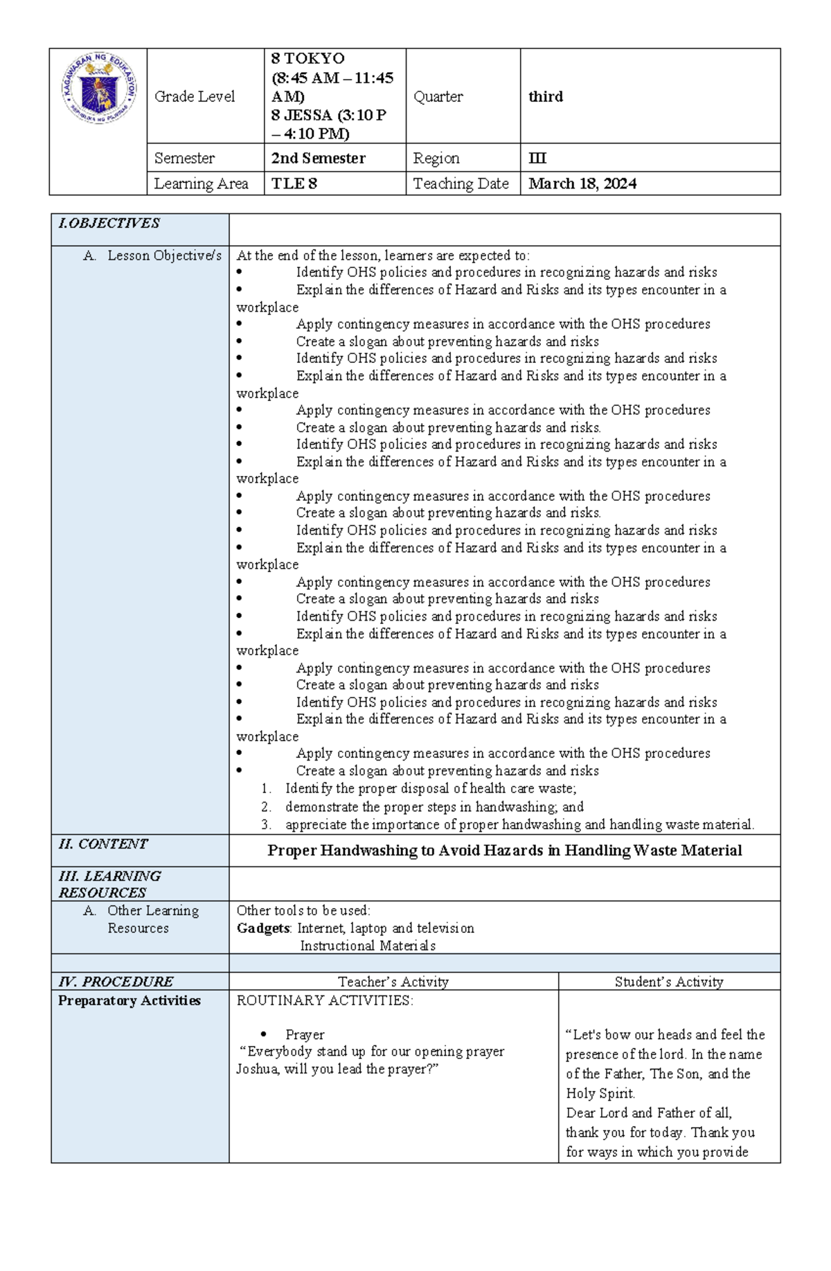TLE 8 Lesson on Proper Handwashing Procedures and Waste Management ...