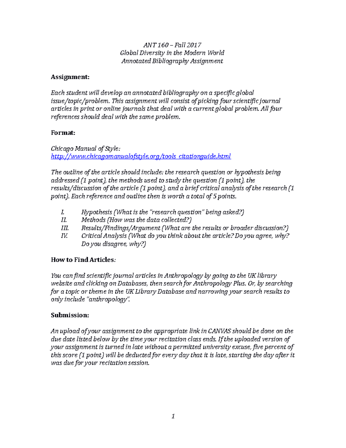 ANT 160 Annotated Bibliography Assignment Guide – Fall 2017 - Studocu