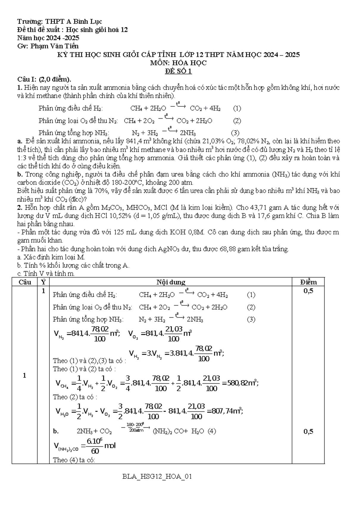 BLA_HSG12_HOA_01 Đề Thi Học Sinh Giỏi Hóa Học Lớp 12 Năm Học 2024-2025 - Studocu