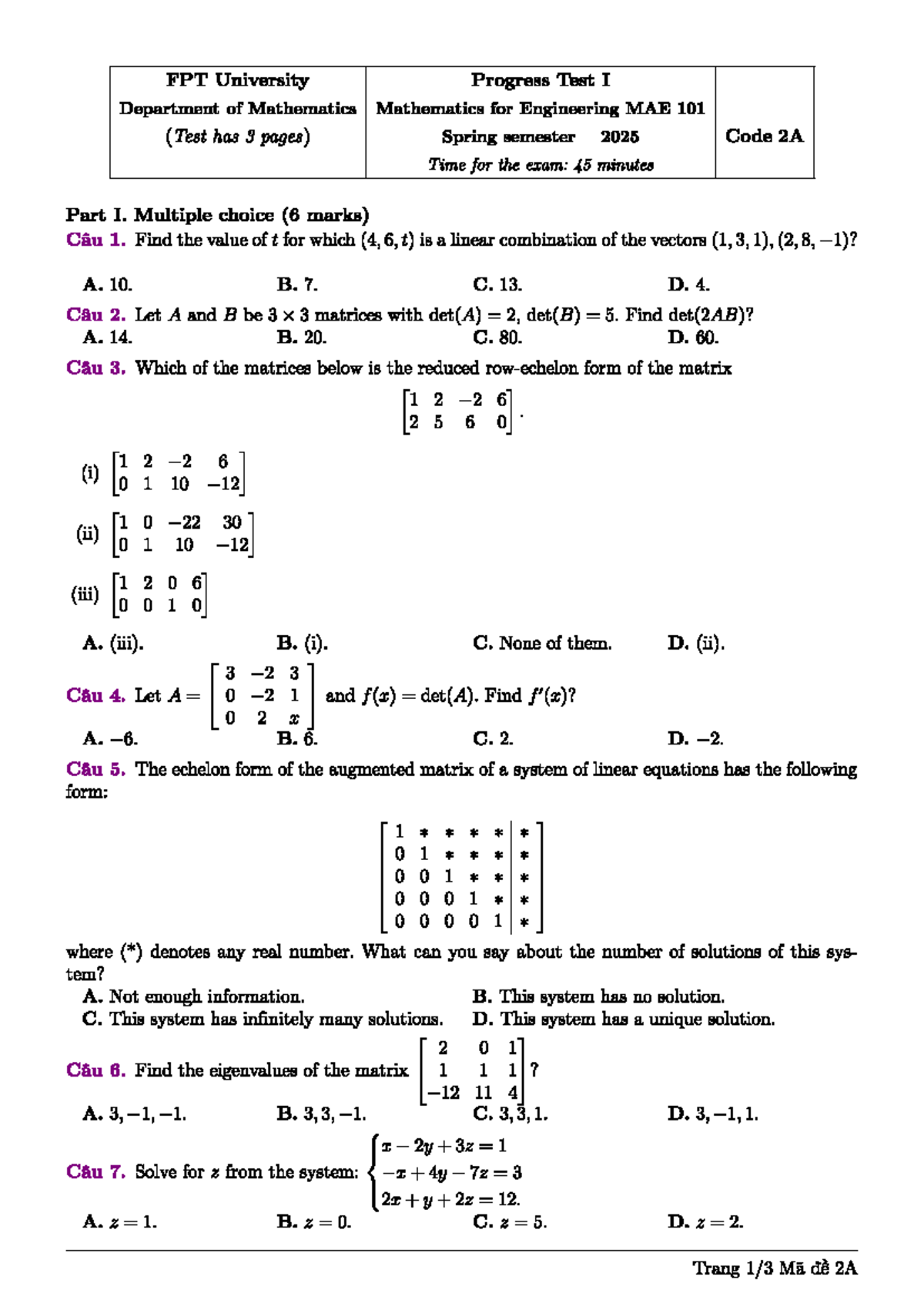MAE 101 Progress Test I - Mathematics for Engineering (Spring 2025 ...