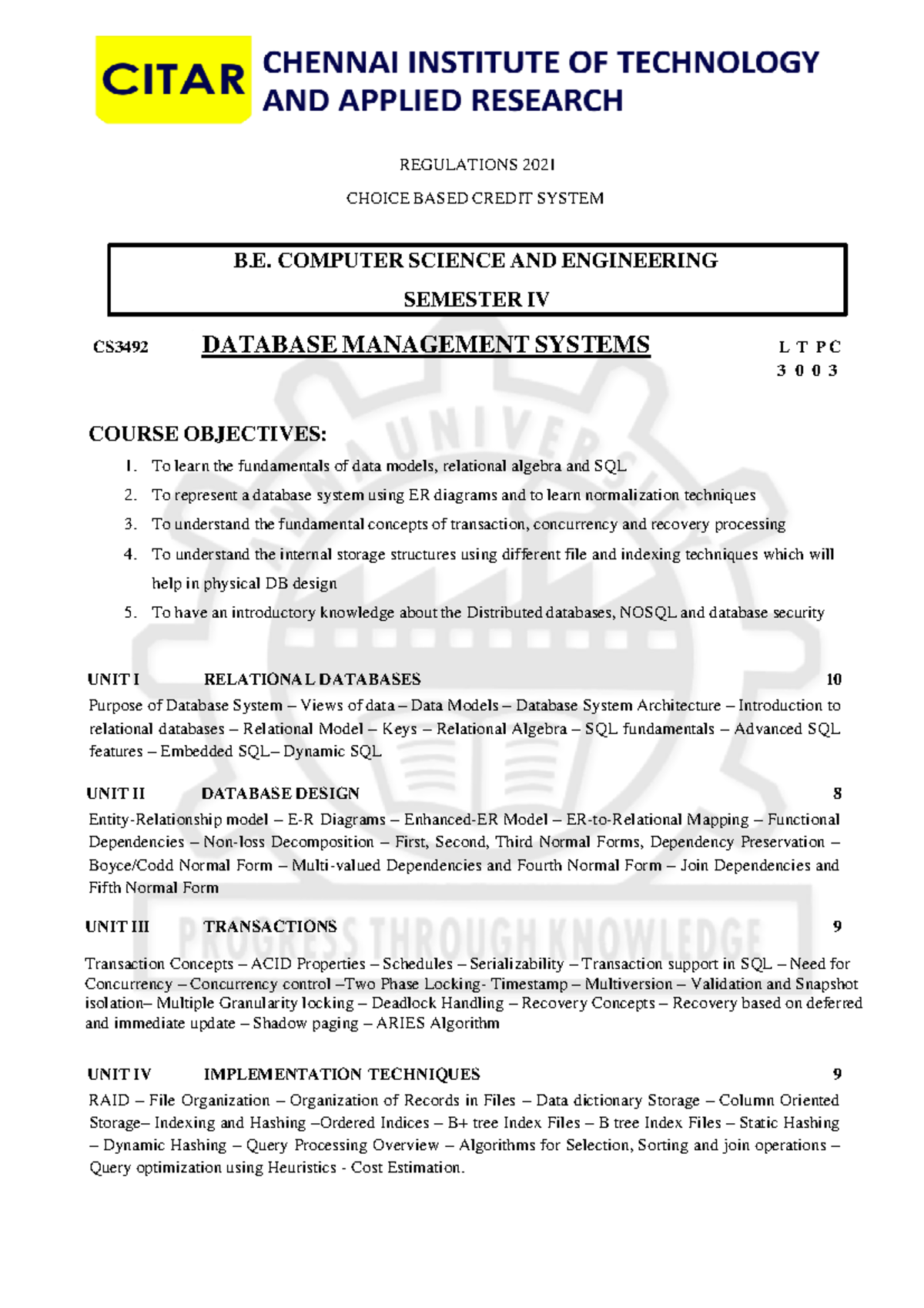 Dbms cs3492 - syllabus and notes for semester iv - Studocu