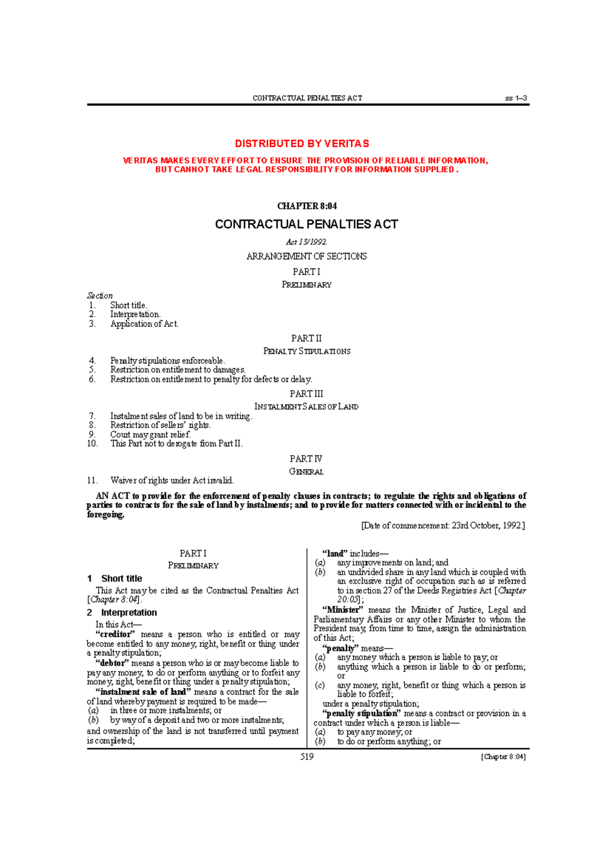 Contractual Penalties Act [Chapter 8:04] - Comprehensive Overview - Studocu