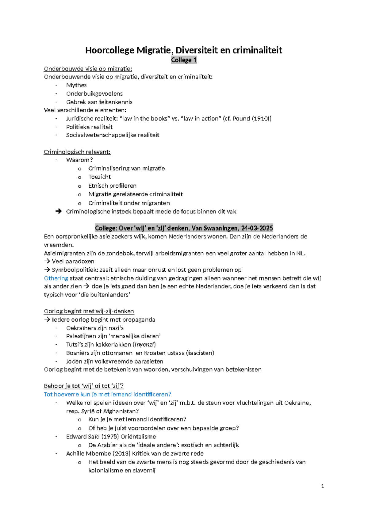 Hoorcollege Migratie, Diversiteit en Criminaliteit: College 1 en 2 Inzichten en - Studeersnel