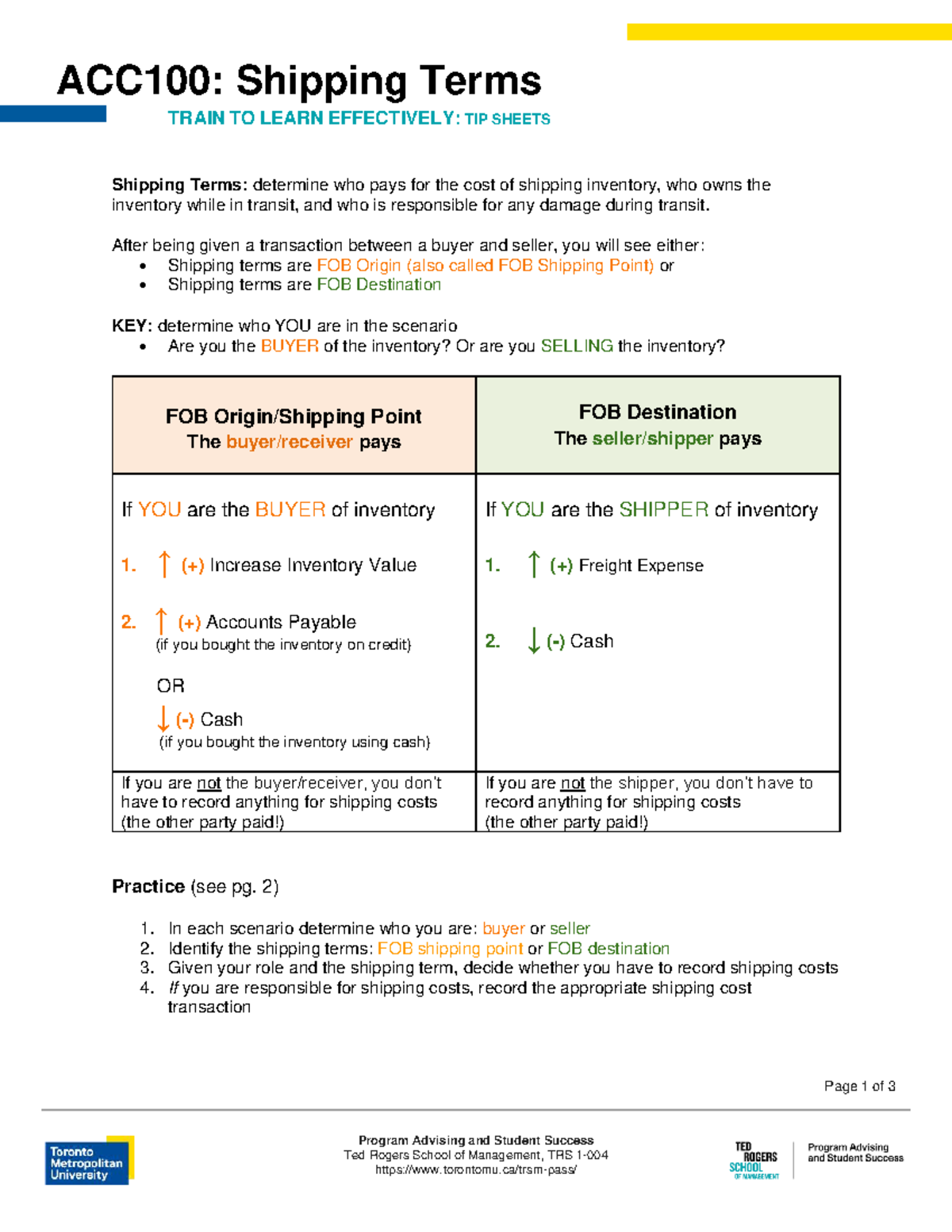 ACC100: Shipping Terms Tip Sheets for Effective Learning - Studocu