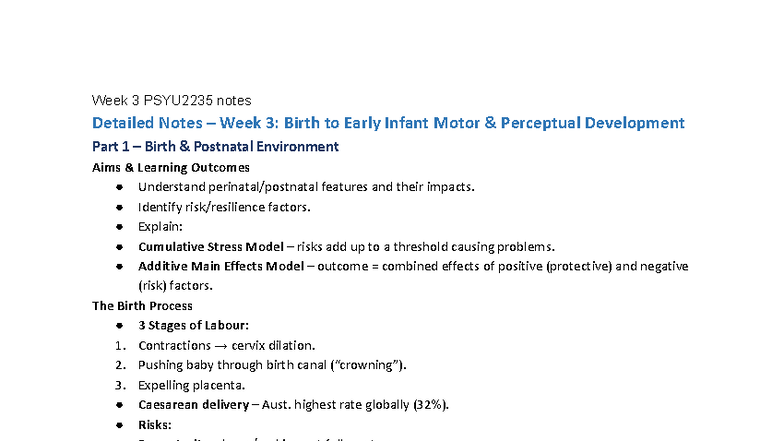Week 3 PSYU2235 Notes: Infant Motor & Perceptual Development Summary ...