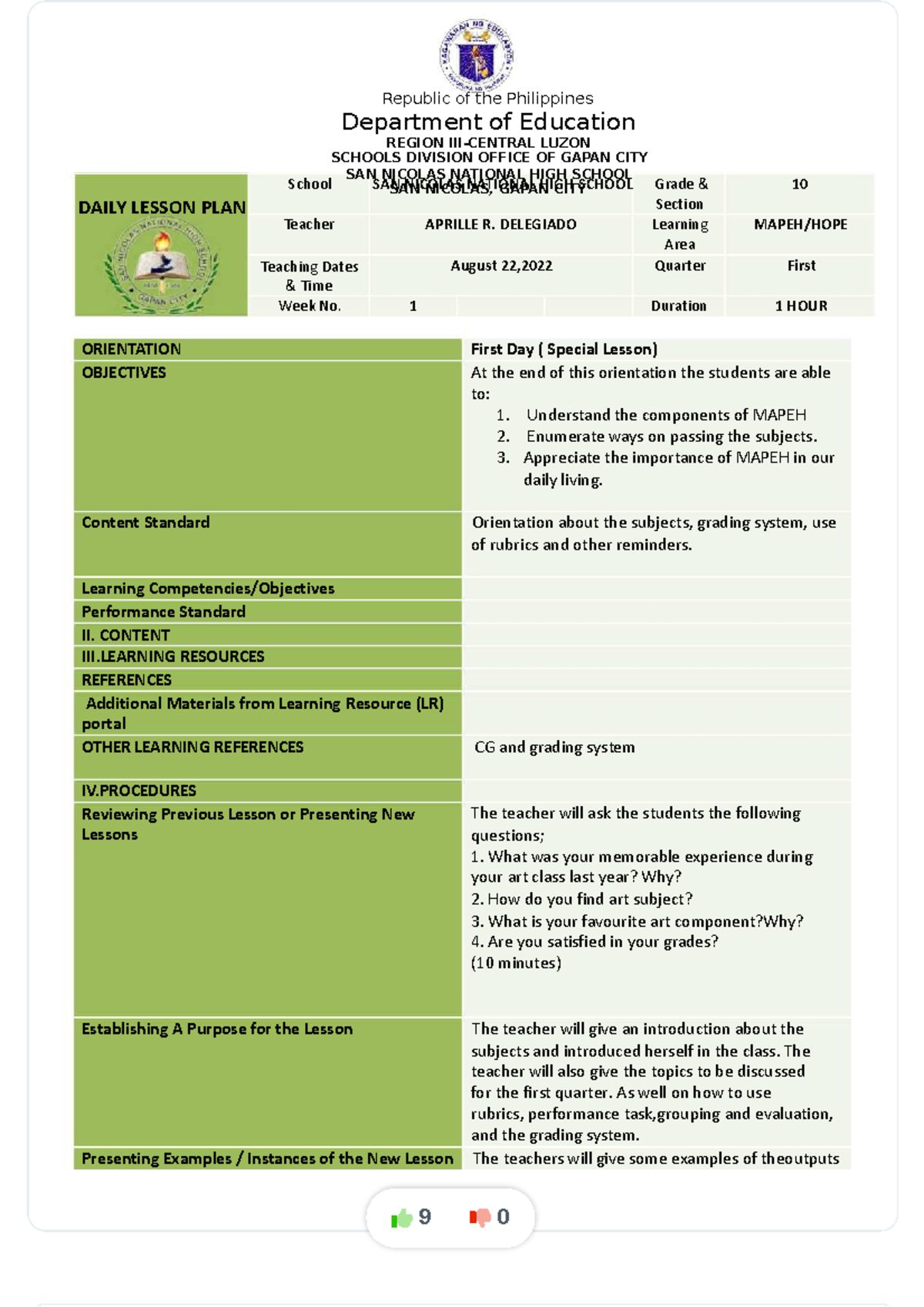 Orientation on MAPEH for Grade 10 - A.Y. 2022-2023 Lesson Plan - Studocu