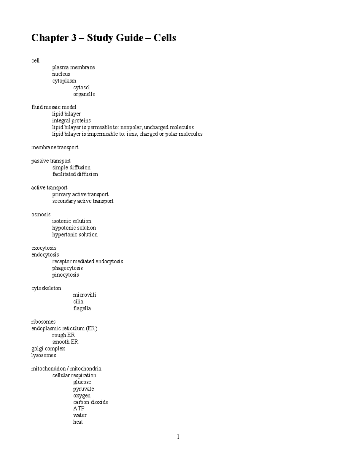 CHAPTER 3 STUDY GUIDE: Cell Structure & Functions for BIO101 - Studocu