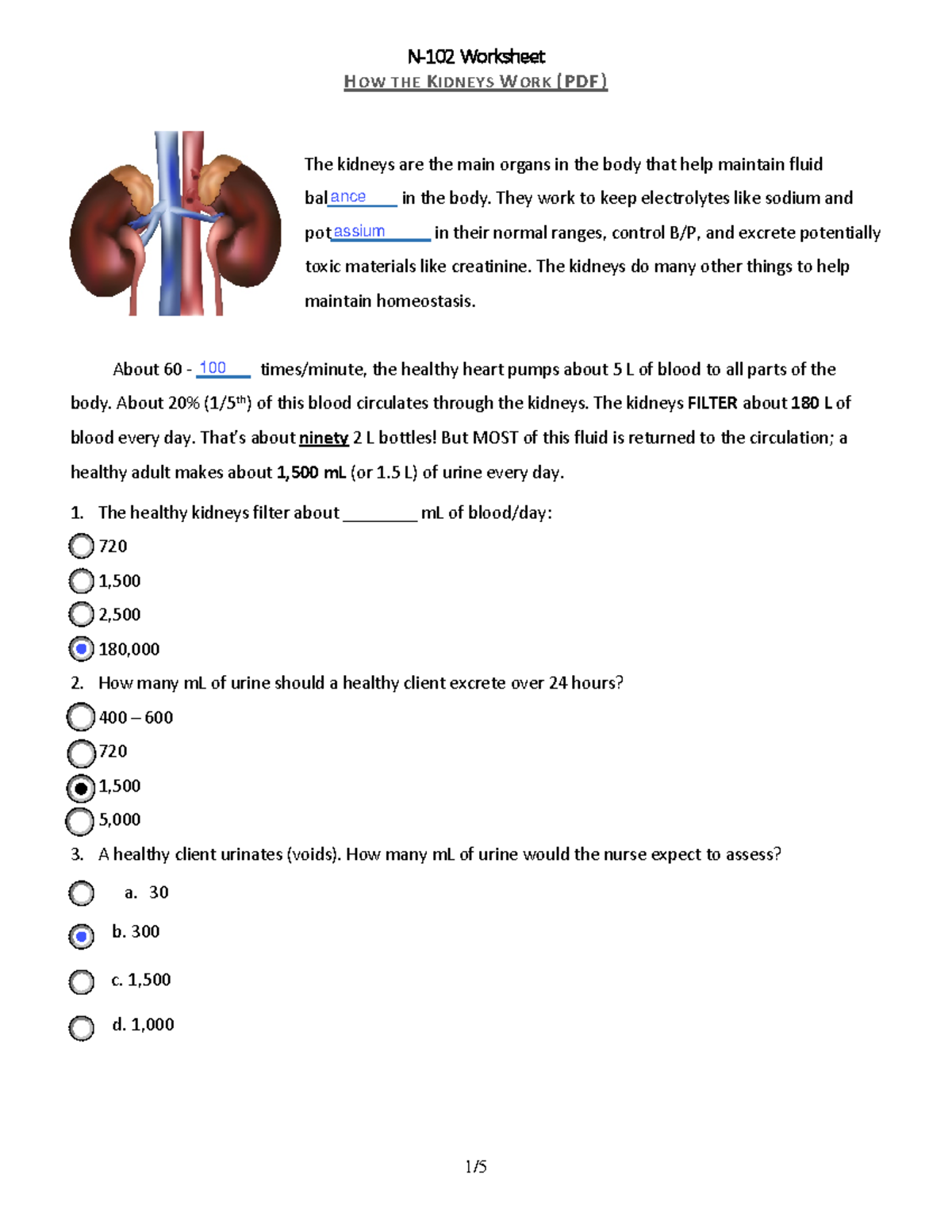 How Do the Kidneys Work PDF August, 2019 - N- 102 Worksheet H OW THE K ...