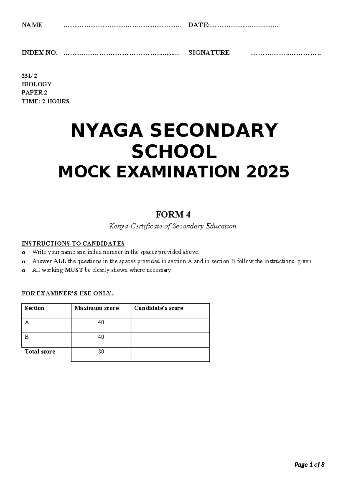 Biology F4 Mock Exam Paper 2 - Revision Questions 2025 - Studocu
