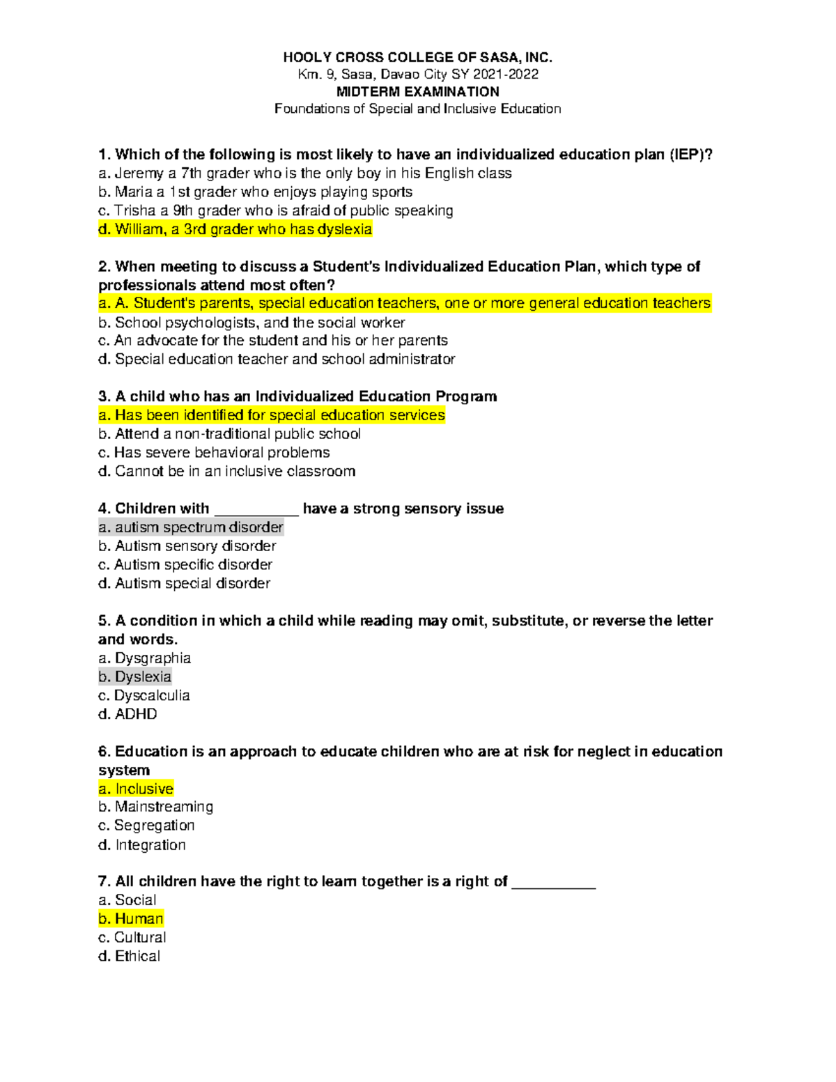 Foundations of Special and Inclusive Educ Midterm practice test - Km. 9 ...