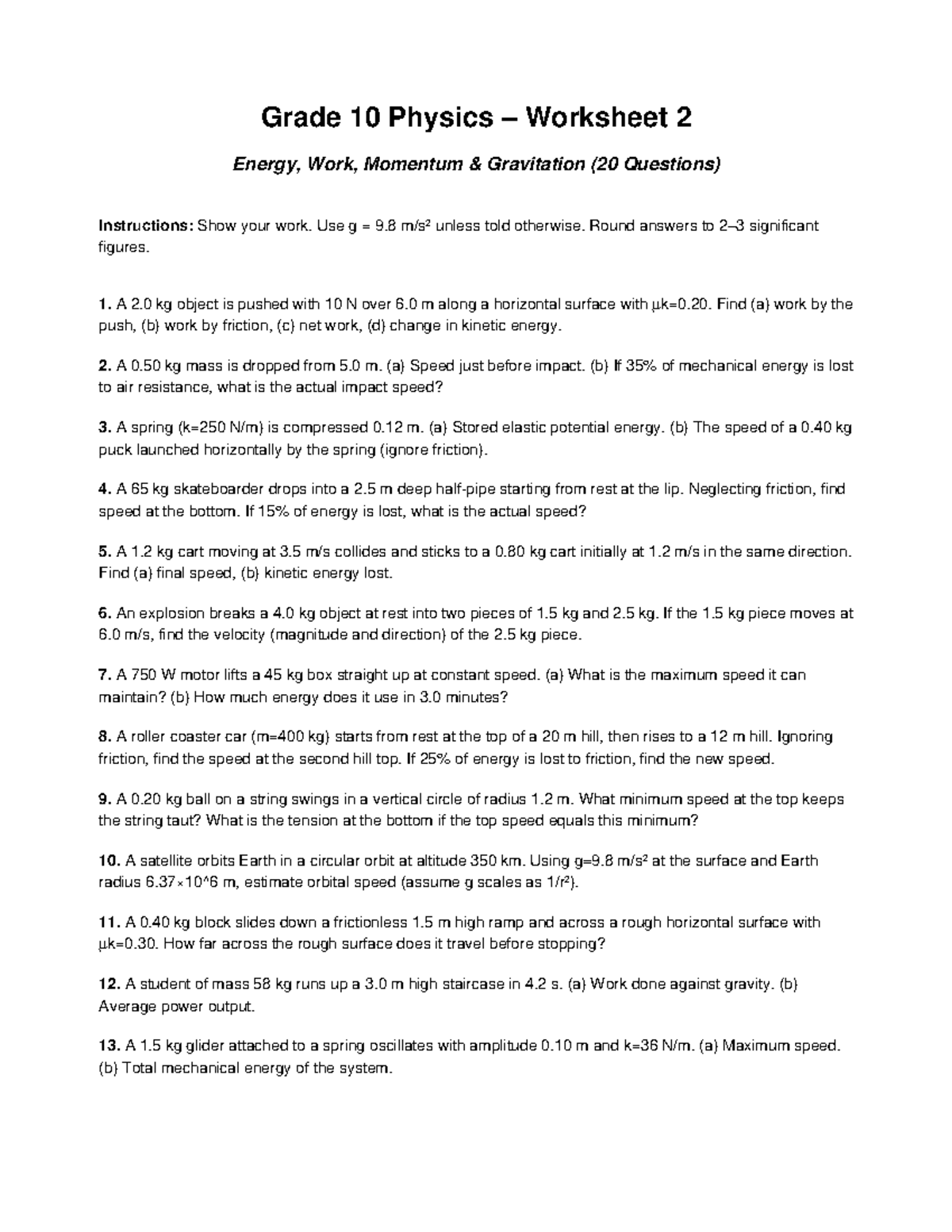 Grade 10 Physics Worksheet 2: Energy, Work, Momentum & Gravitation (20 ...