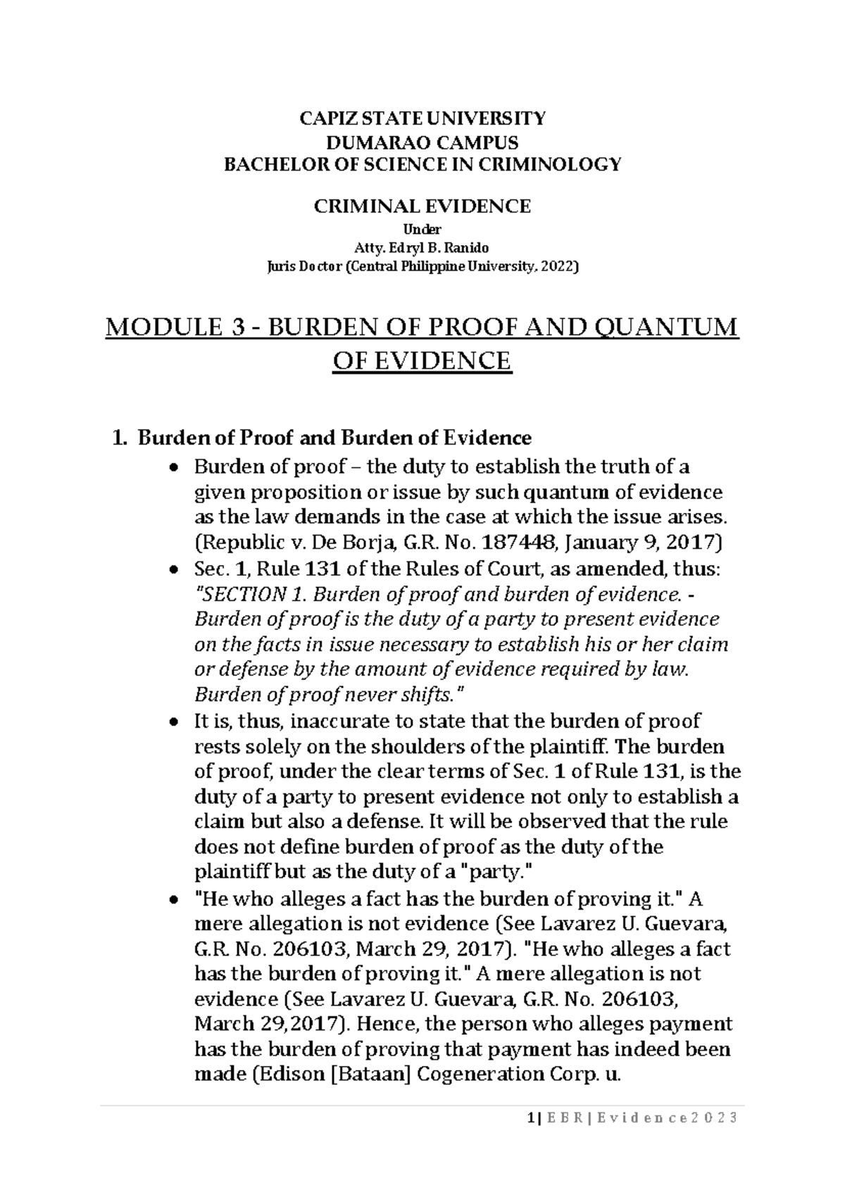 Module 34 Notes: Understanding Quantum of Evidence & Presumptions - Studocu