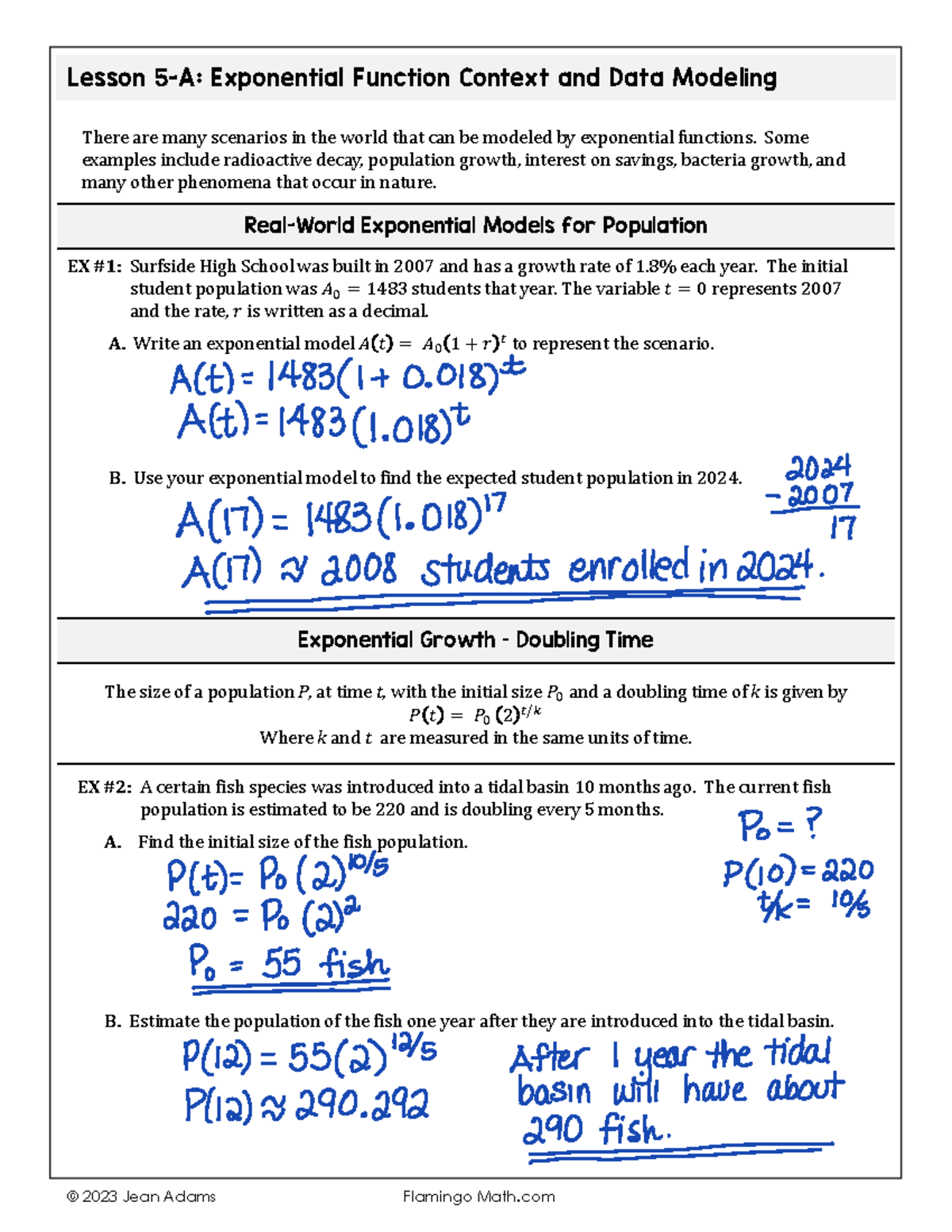 2 - 2.5 Exponential Function Modeling Answer Key - Lesson 5 - A: Exponential Function Context ...