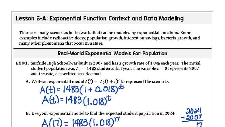 Lesson 5 - A & B: Exponential Function Context & Data Modeling Answer ...