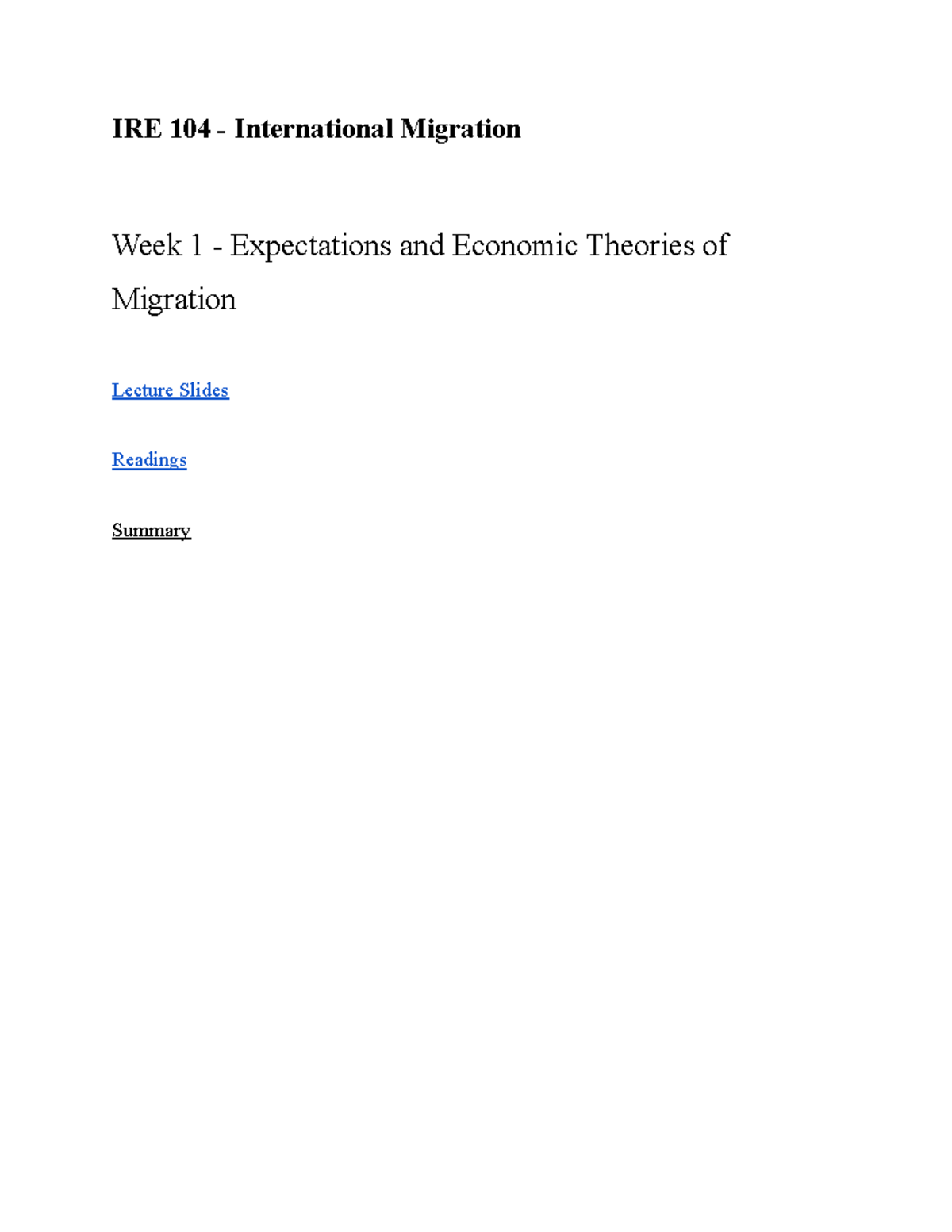 IRE 104 International Migration Week 1-3 Lecture Notes & Economic ...