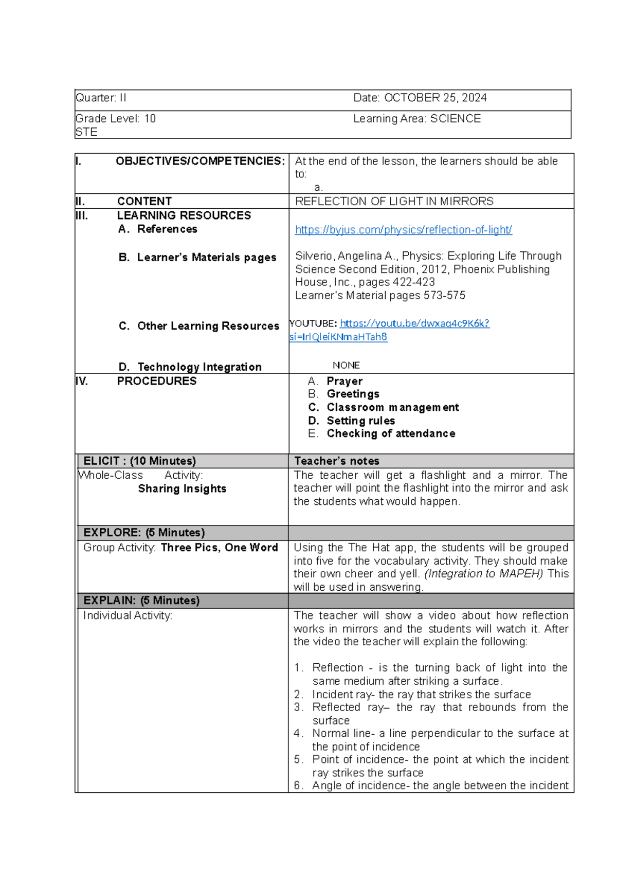 5E Semi-Detailed Lesson Plan in Science: Reflection of Light 10 - Studocu