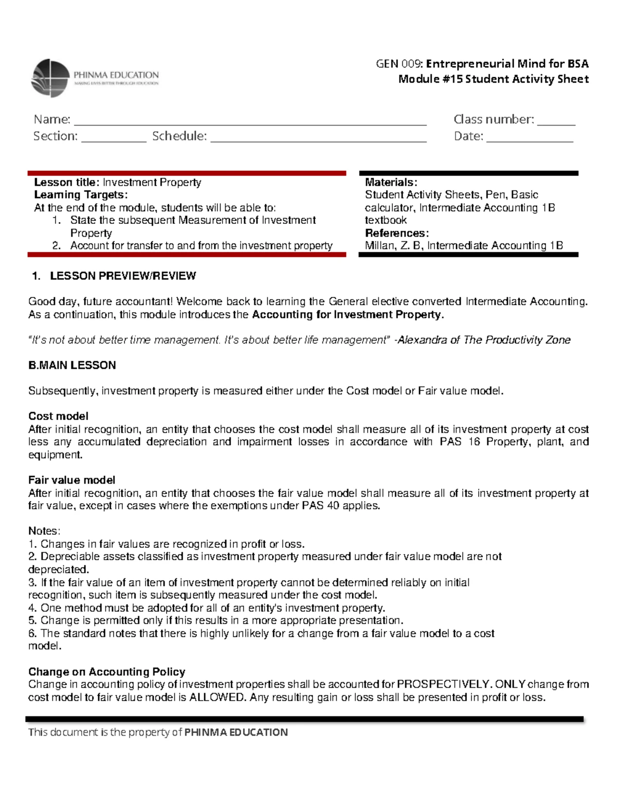 GEN 009: Accounting for Agriculture - Student Activity Sheet - Studocu