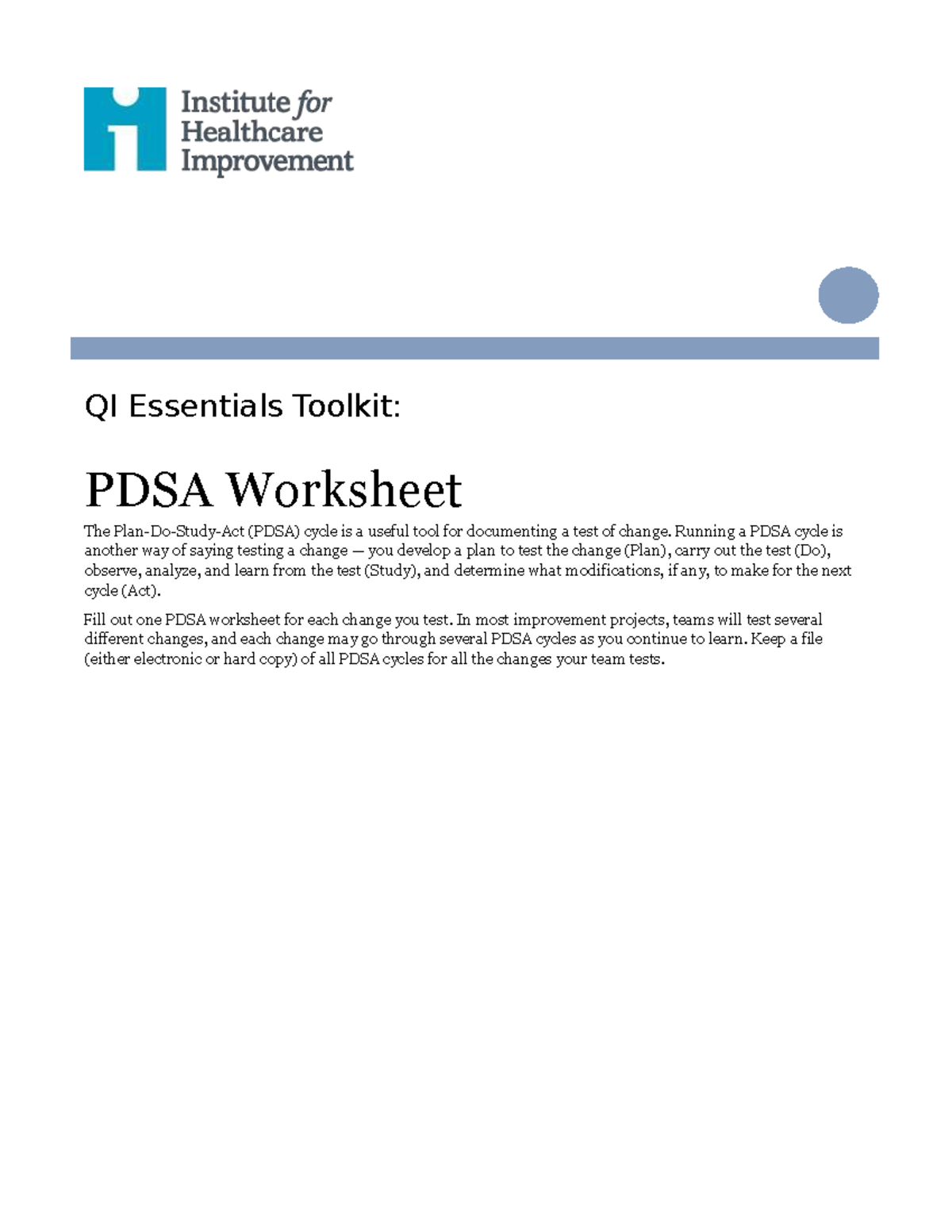 QI Essentials Toolkit: PDSA Worksheet for Improvement Projects - Studocu