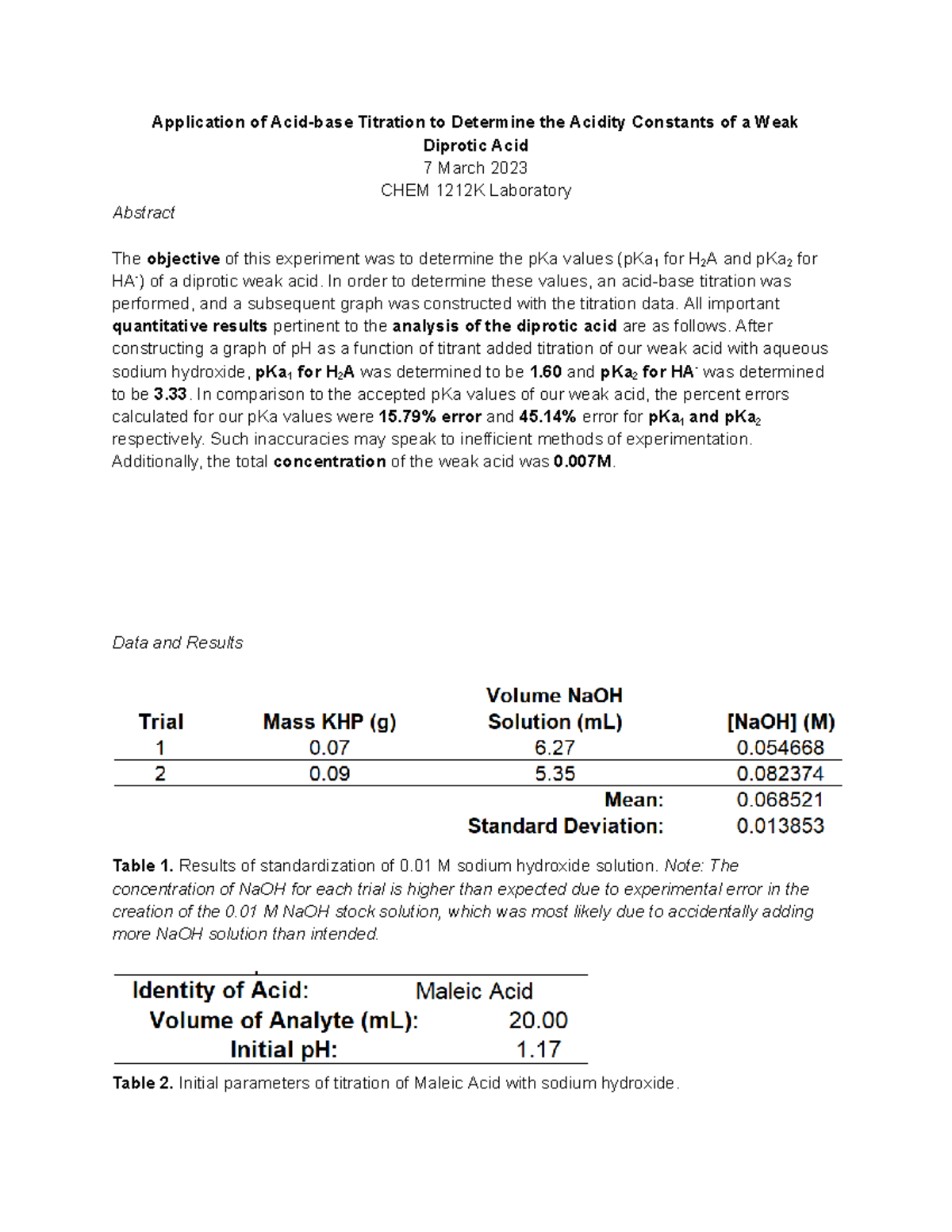 Application of Acid-Base Titration to Determine pKa of Weak Diprotic ...