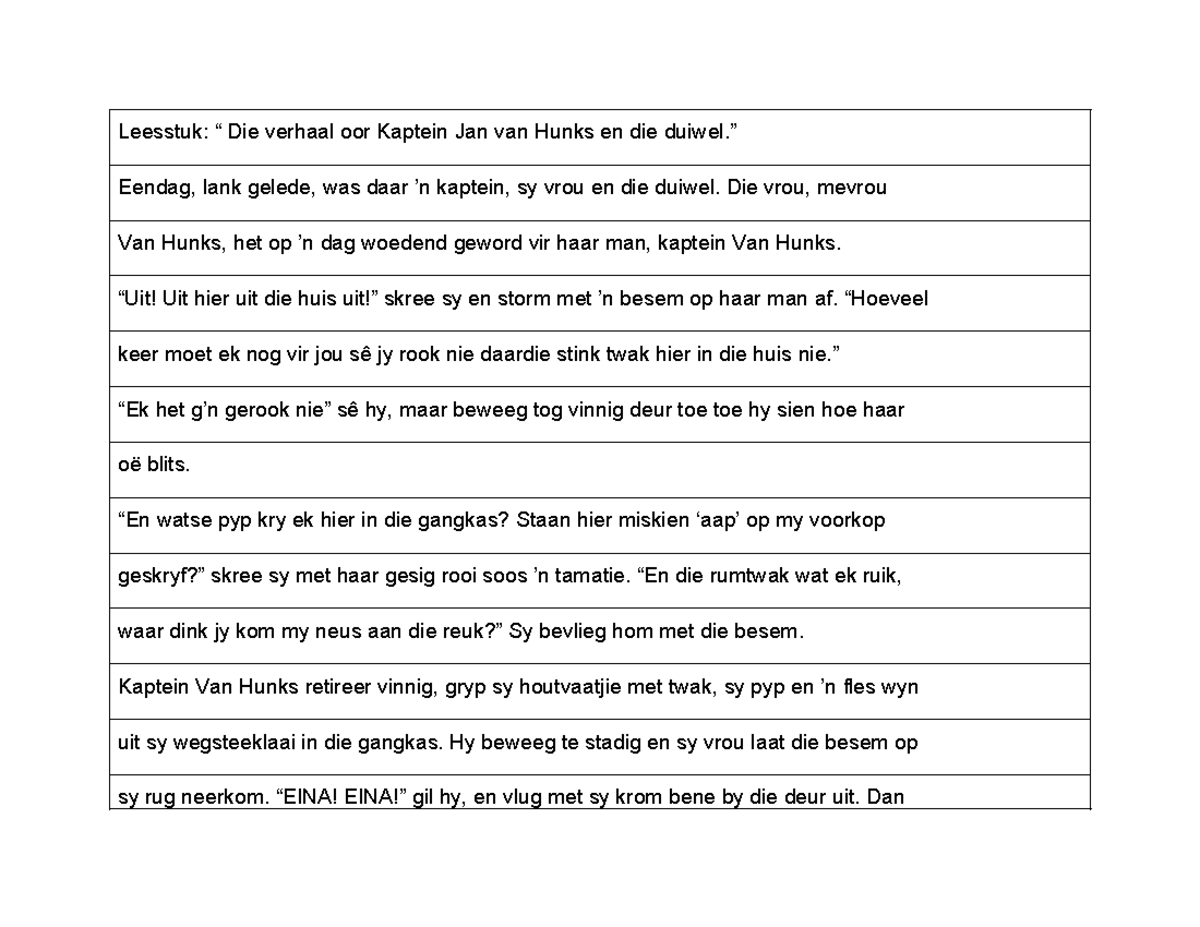 Leesstuk: Kaptein Jan van Hunks en die Duiwel - Afrikaans Opdrag 1 ...