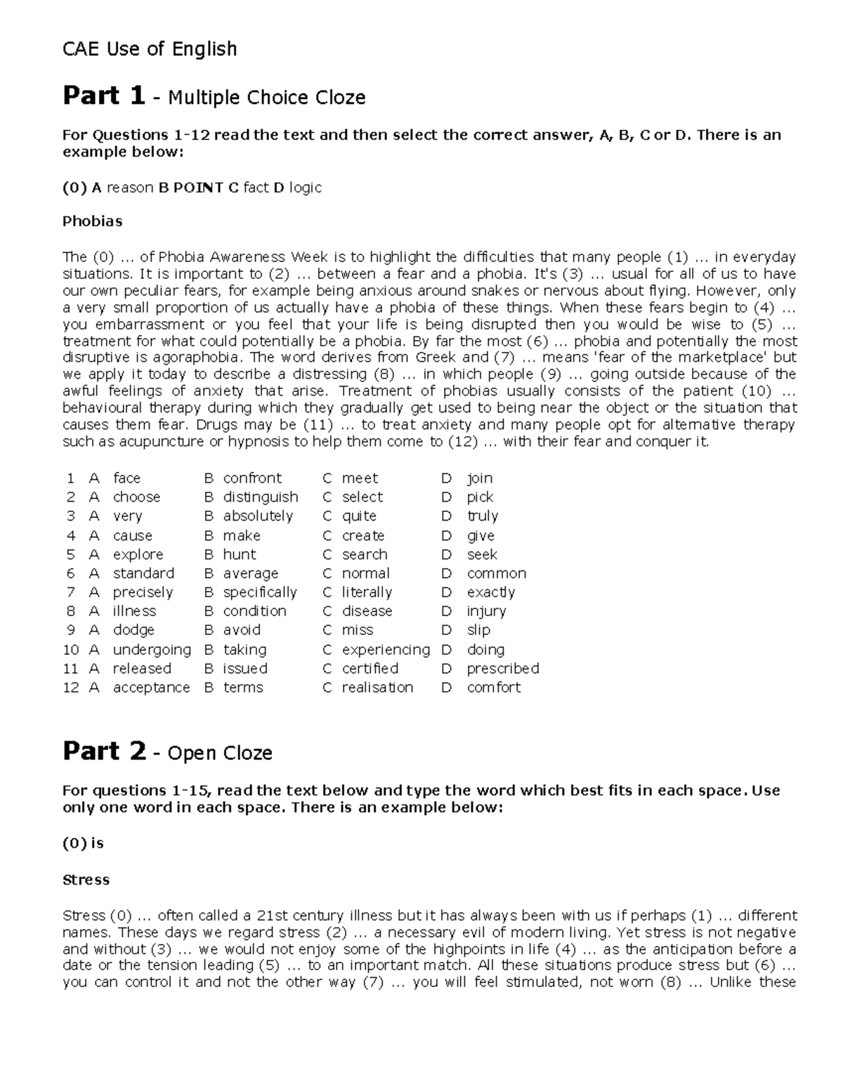 CAE Use of English Test 1: Multiple Choice, Open Cloze ...
