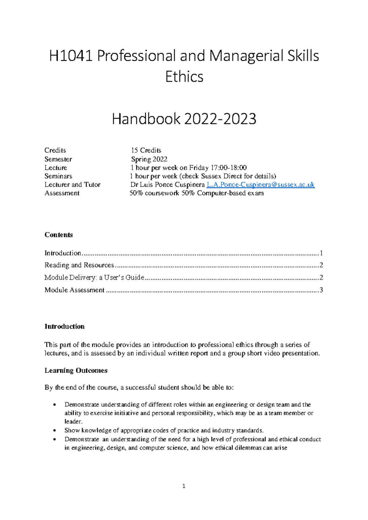 Professional Ethics Handbook - H1041 Professional and Managerial Skills ...