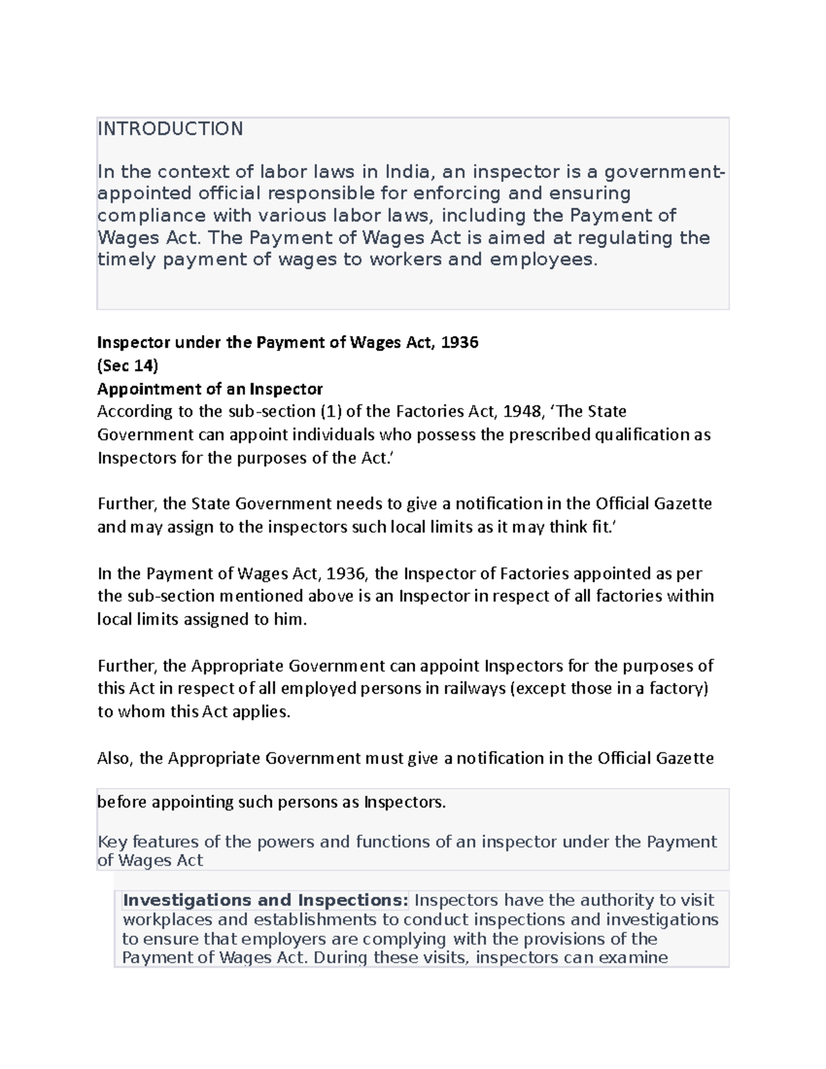 Powers and Functions of Inspectors under Payment of Wages Act - Studocu