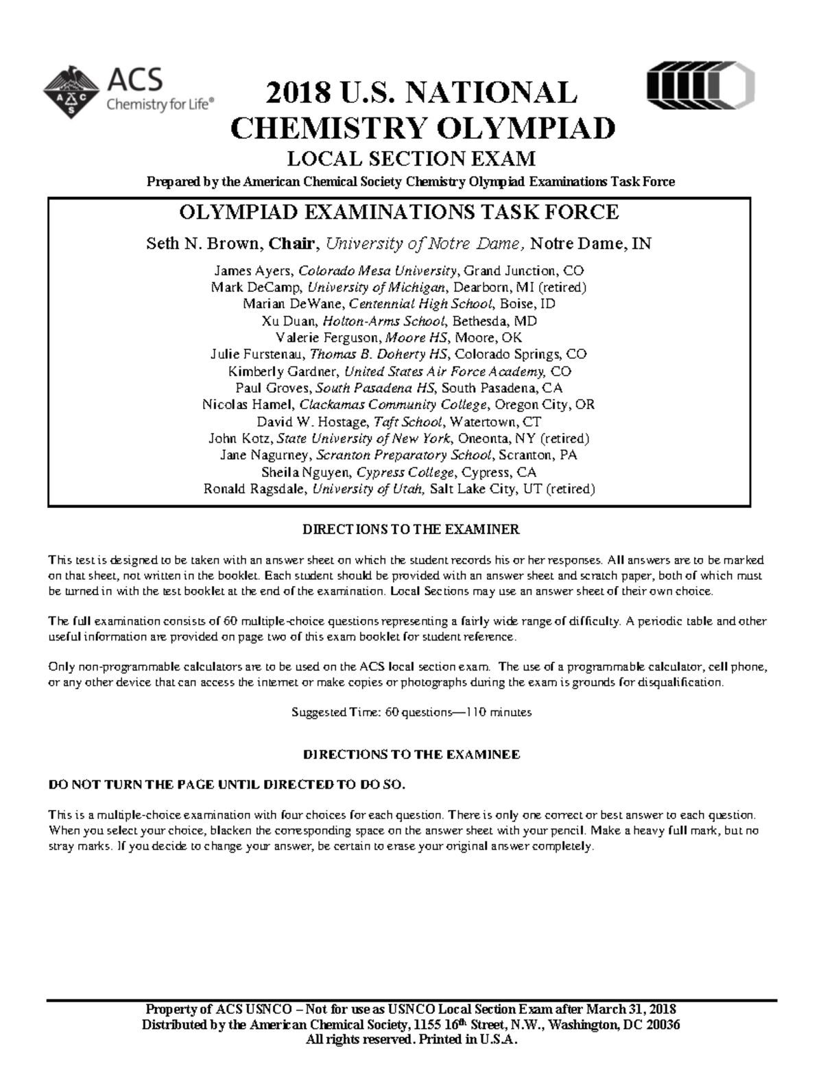 2018 ACS USNCO Local Section Chemistry Olympiad Exam - Studocu