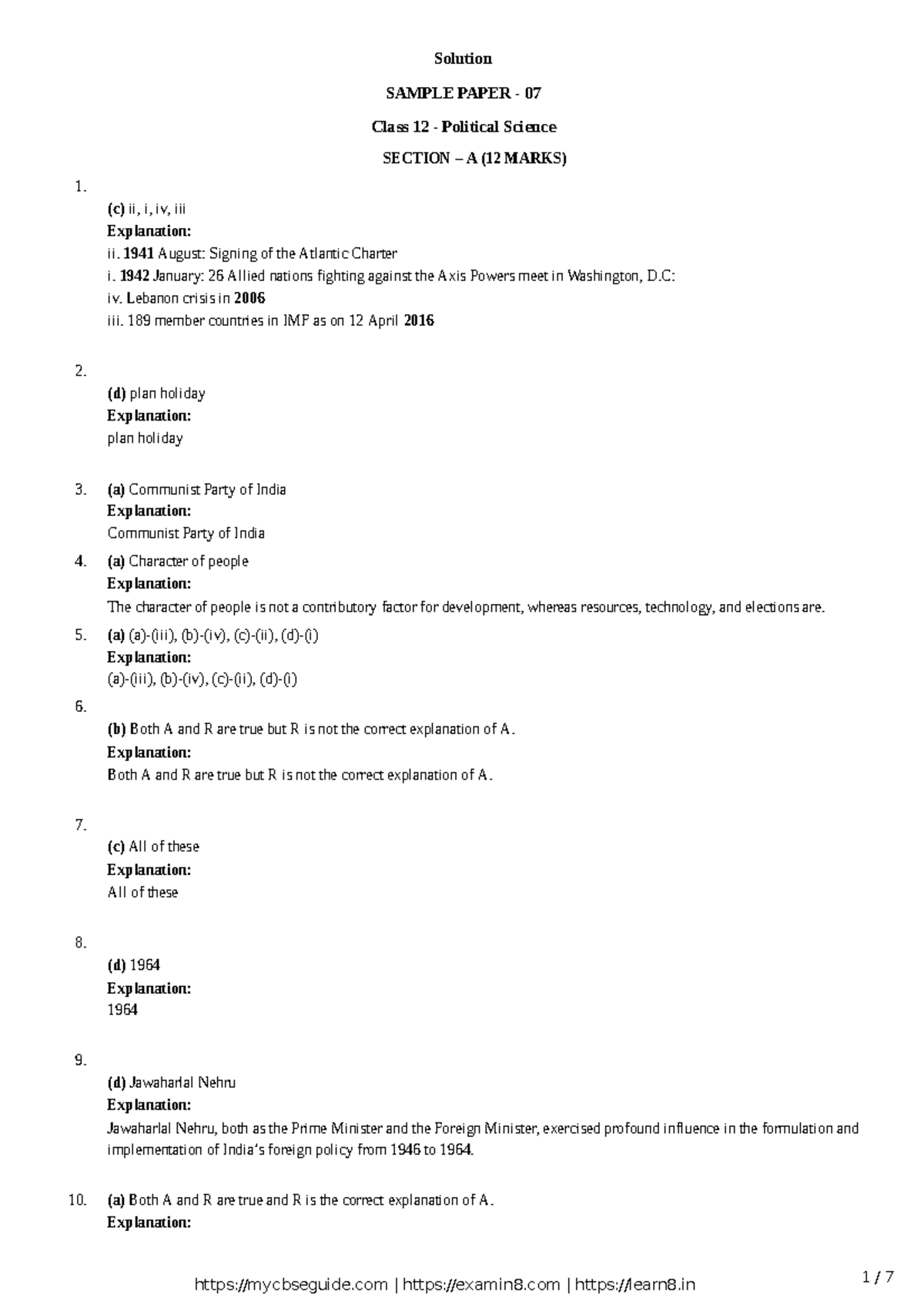 Class 12 Political Science Solution Sample Paper 07 (12 MARKS) - Studocu