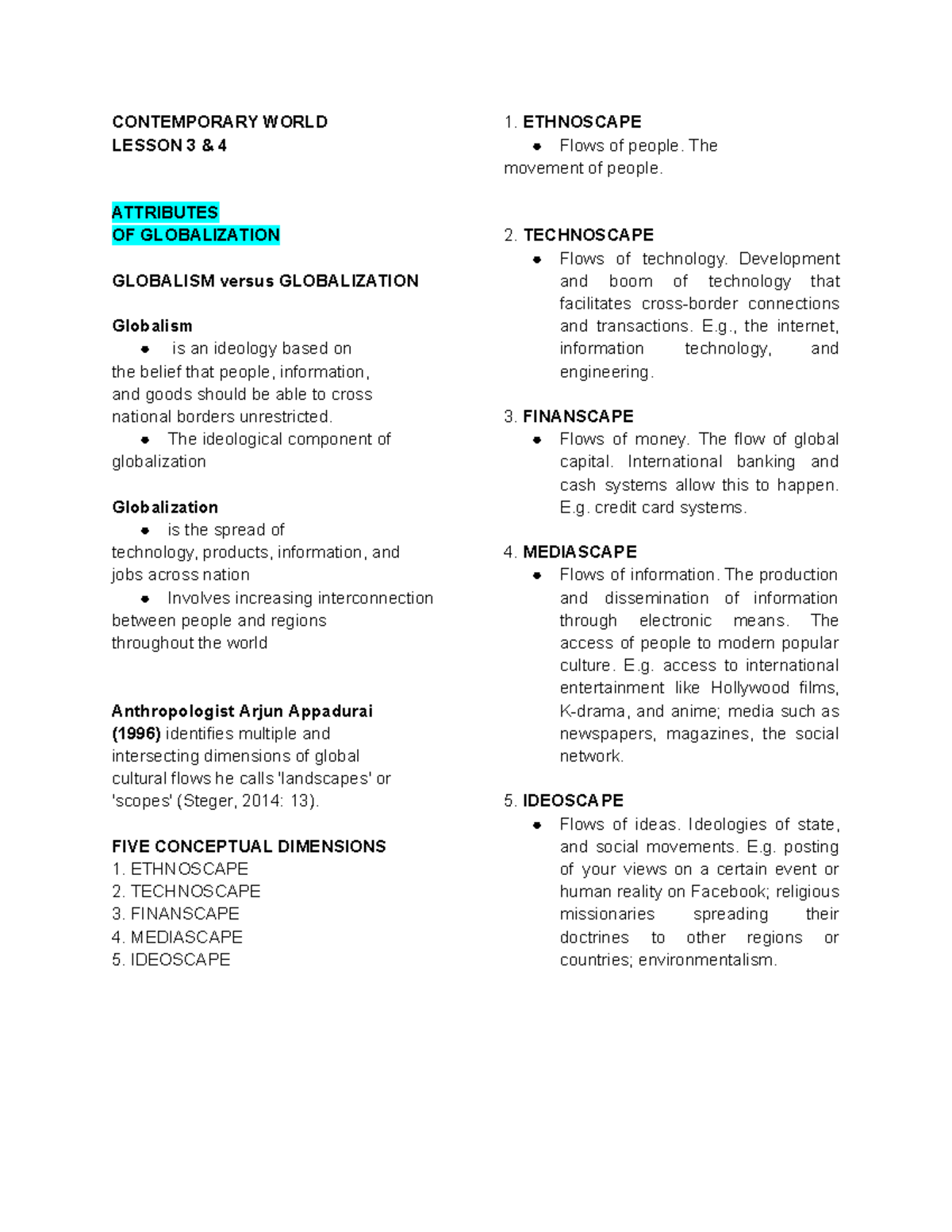 CONW 101: Lesson 3 & 4 - Attributes and Types of Globalization - Studocu