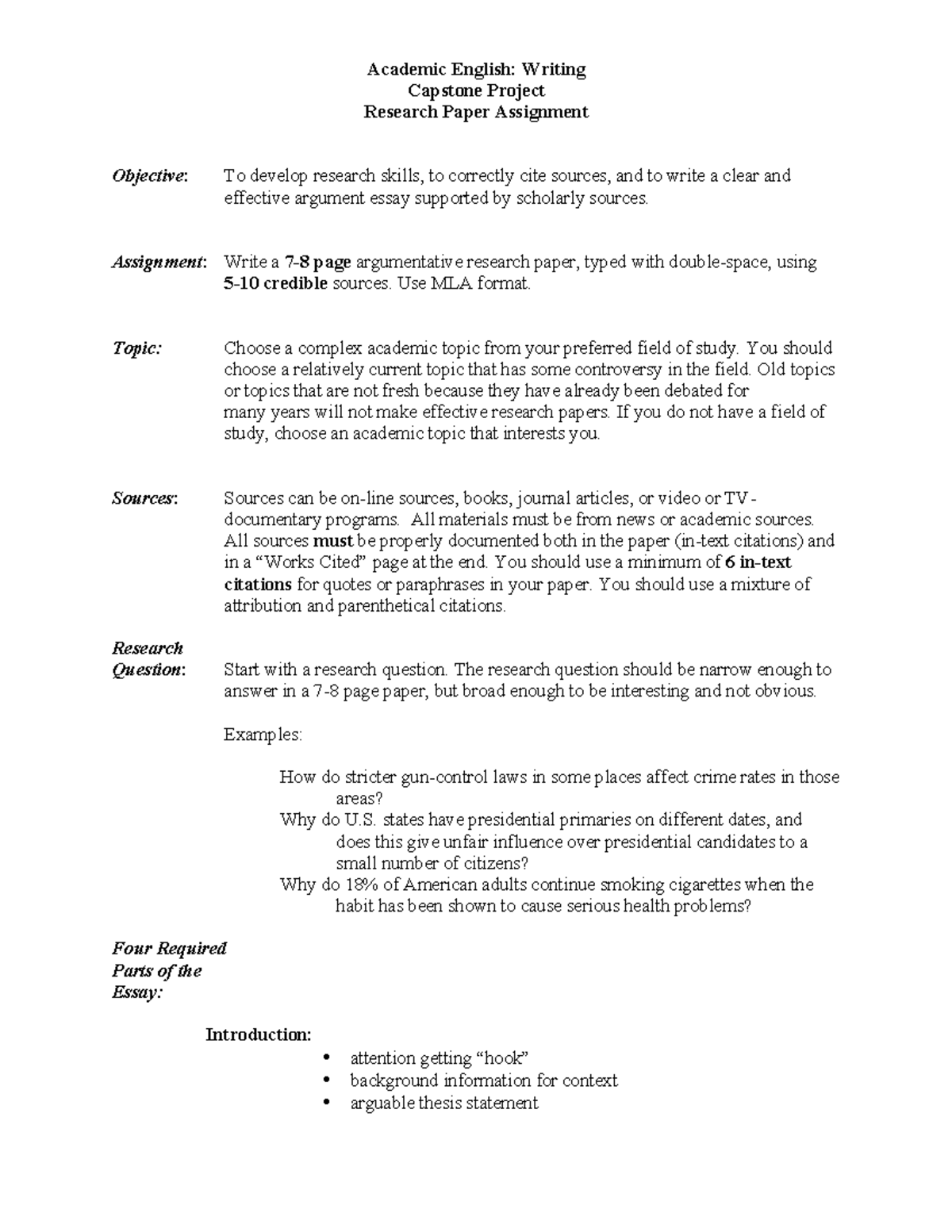 Academic English: Writing Capstone Project Research Paper Assignment ...