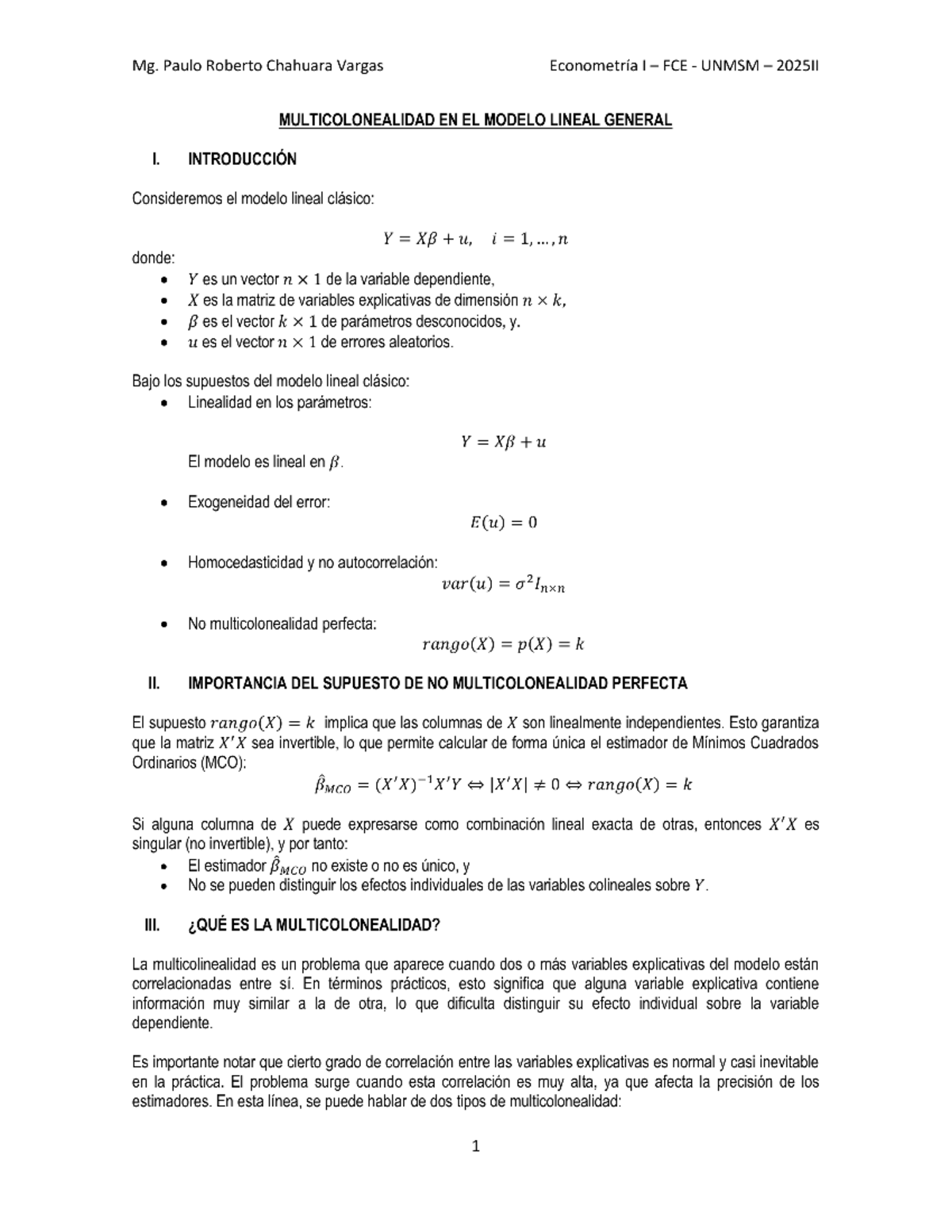 Multicolinealidad en el Modelo Lineal General - Econometría I FCE UNMSM ...